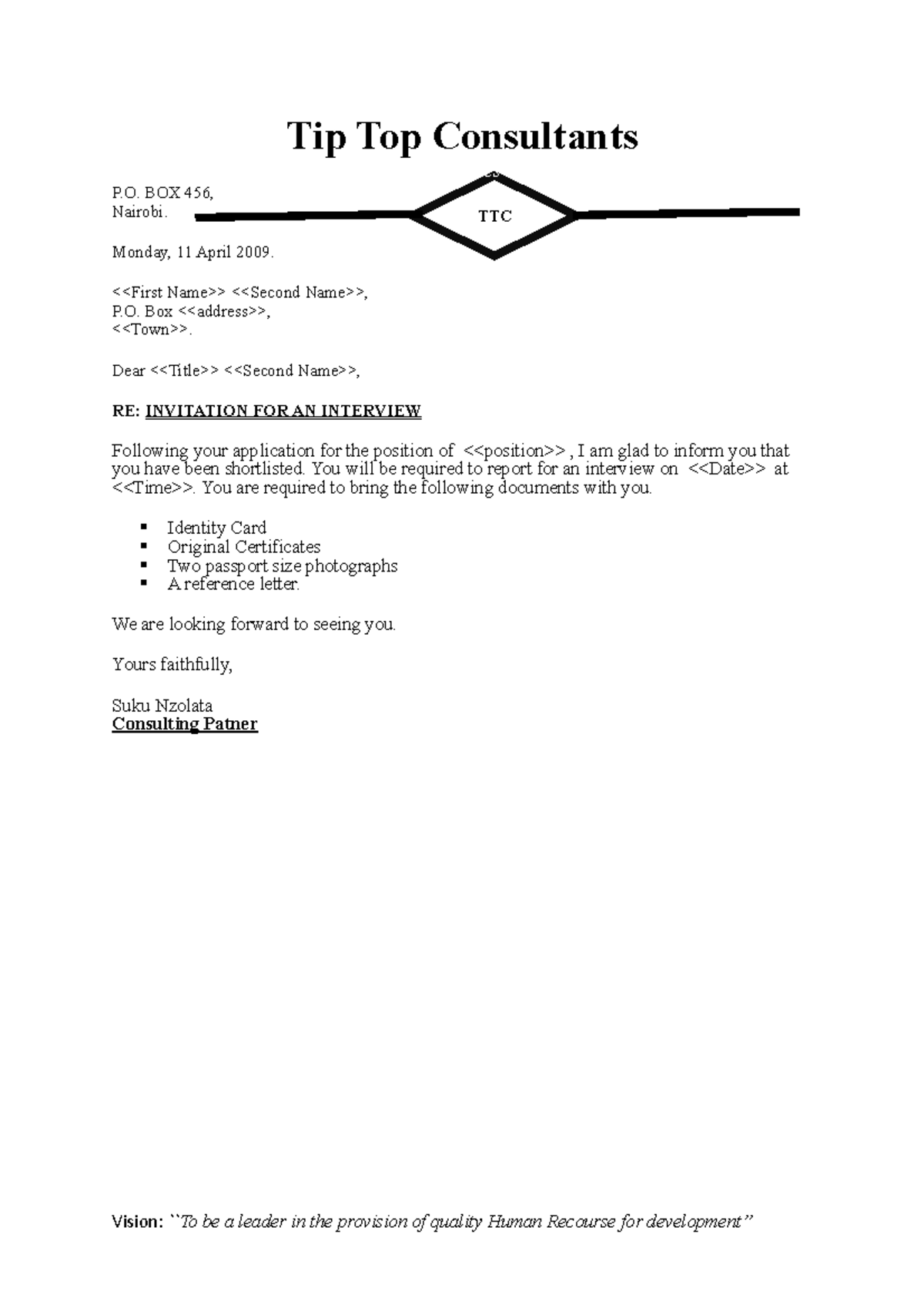 Letter Main - Tip Top Consultants P. BOX 456,Nairobi. Monday, 11 April ...