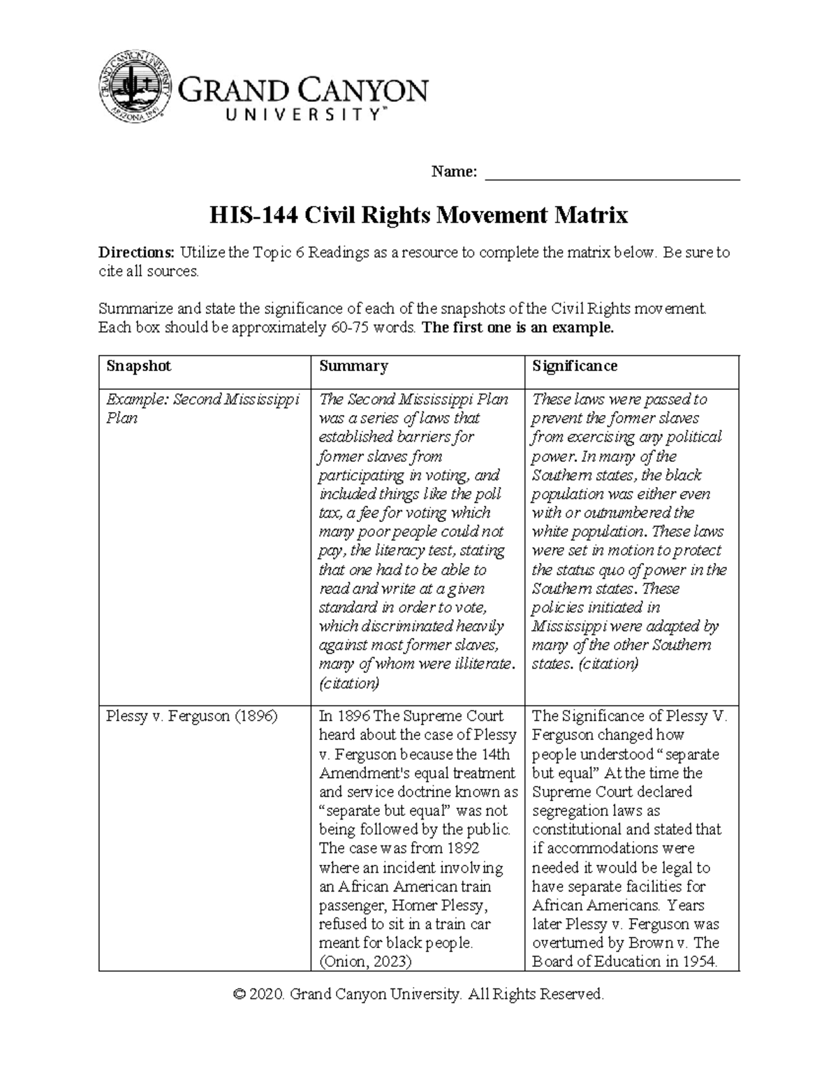 HIS-144-T6 Civil Rights Movement Matrix Online - Name: HIS-144 Civil ...