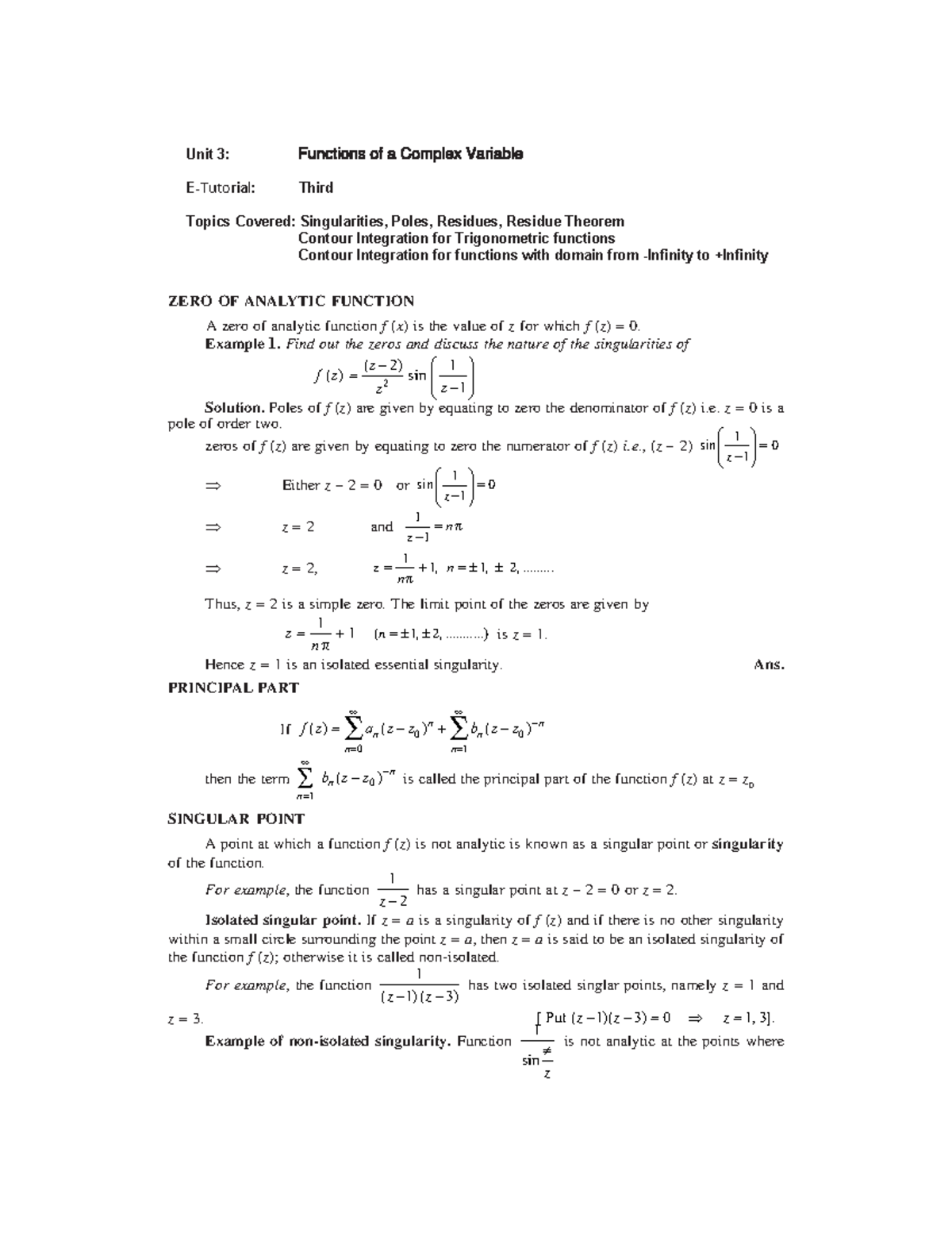 Singularities, poles residues, residue theorem contour integration - Unit 3: E-7XWRriaO ...