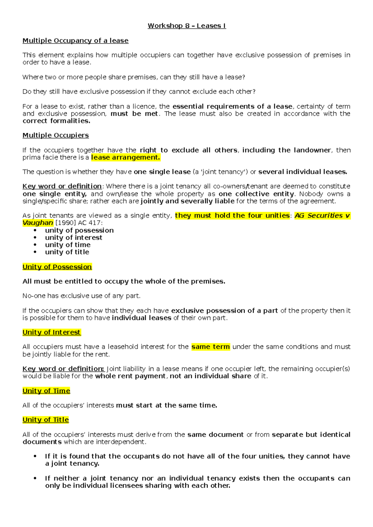 8 - Leases I - Workshop 8 – Leases I Multiple Occupancy of a lease This ...