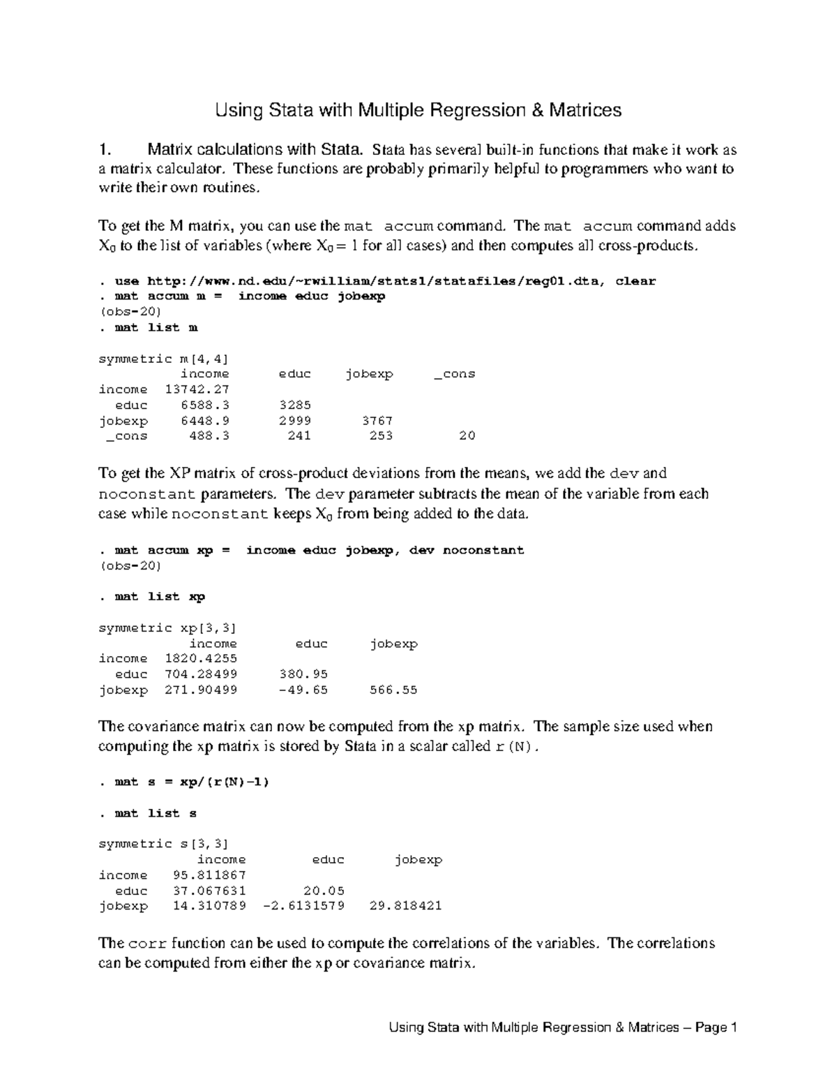 Using Stata with Multiple Regression & Matrices - Using Stata with ...