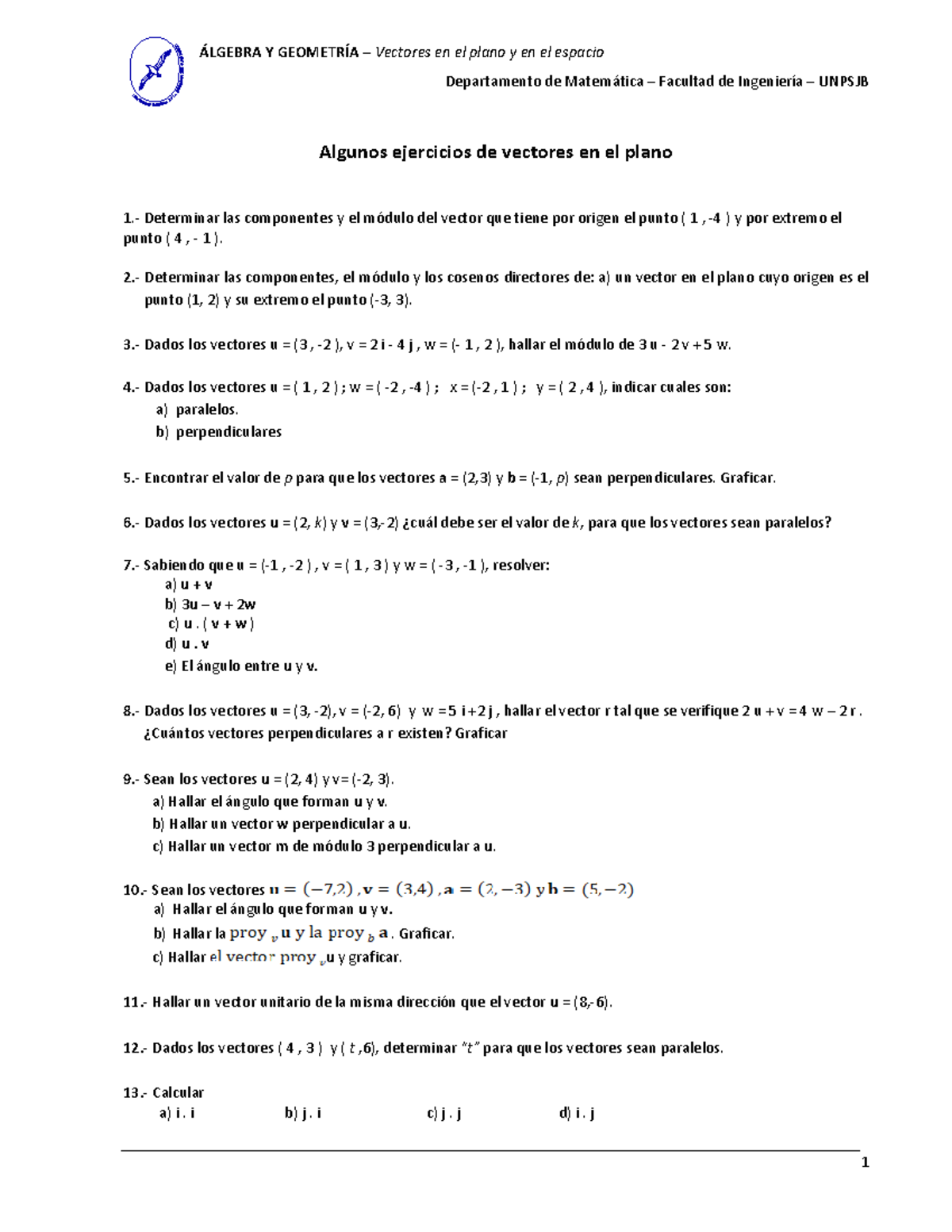 Ejercicios vectores en R2 - ÁLGEBRA Y GEOMETRÍA – Vectores en el plano ...