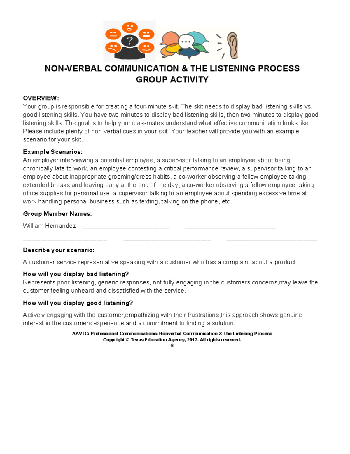 Copy of Non Verbal Communication & The Listening Process Group Activity ...