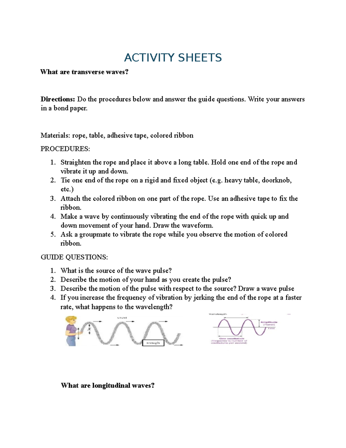 Grade 7 activity - ACTIVITY SHEETS What are transverse waves ...