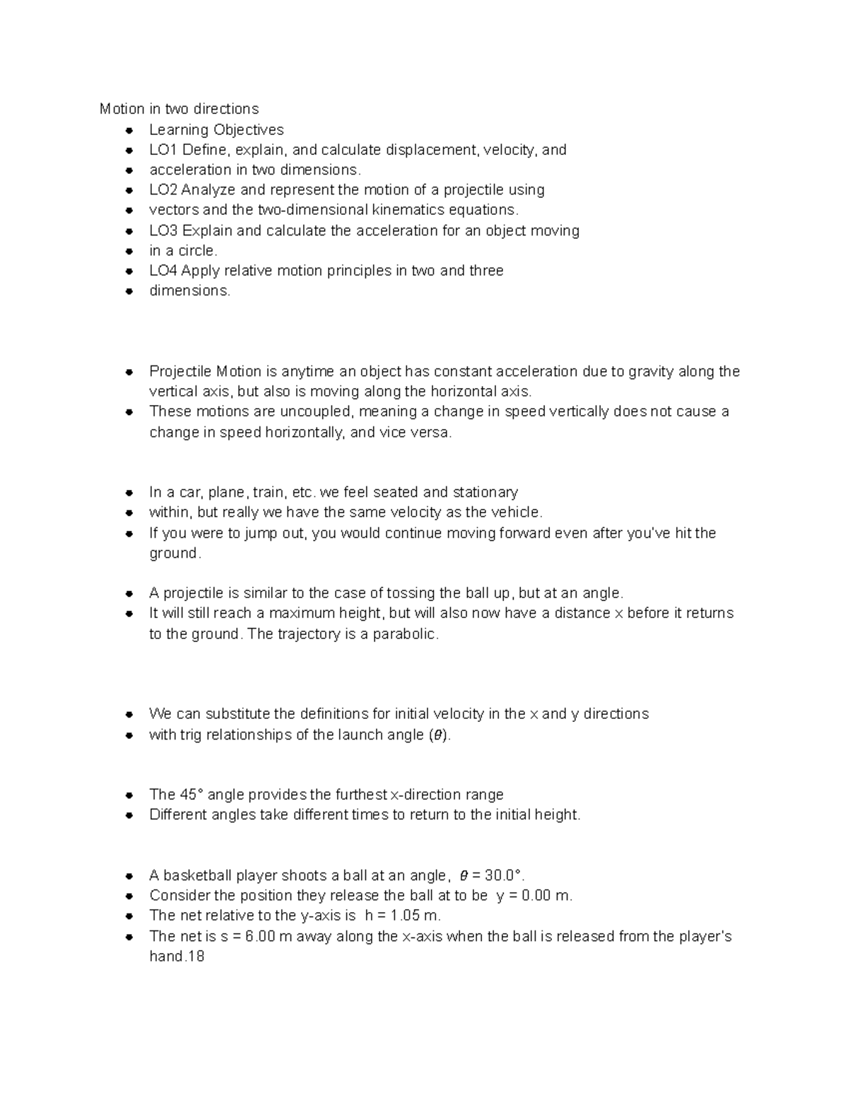 Physics 4A - Motion in two directions Learning Objectives LO1 Define, explain, and calculate ...