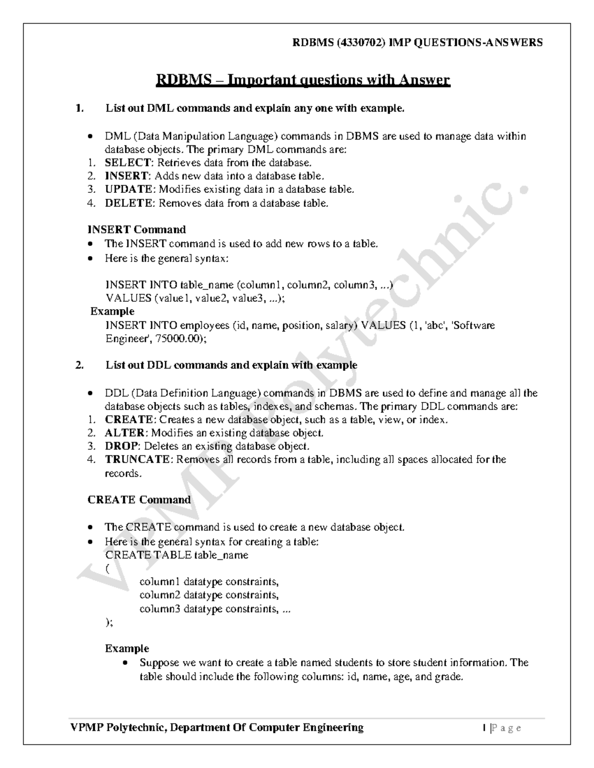 Imp -rdbms - Imp questions - RDBMS – Important questions with Answer List out DML commands and ...
