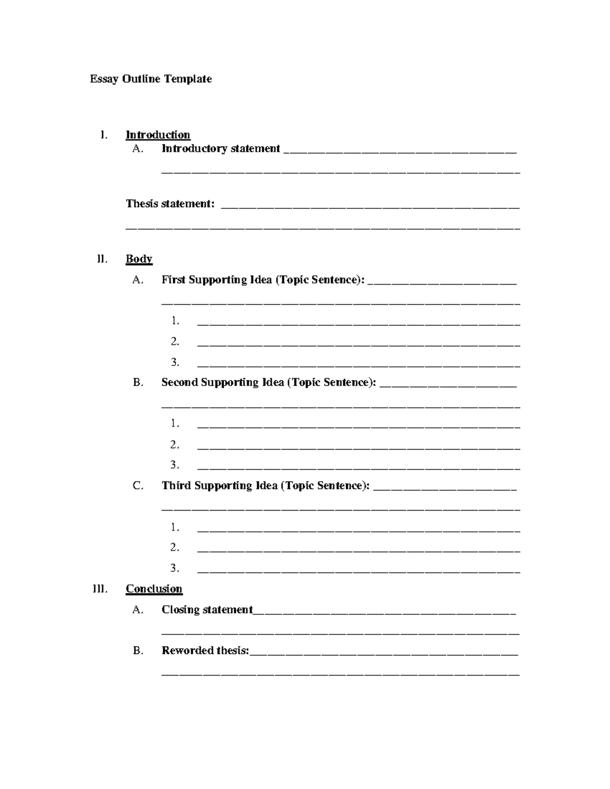 Essay Outline Template - Introduction A. Introductory statement - Studocu