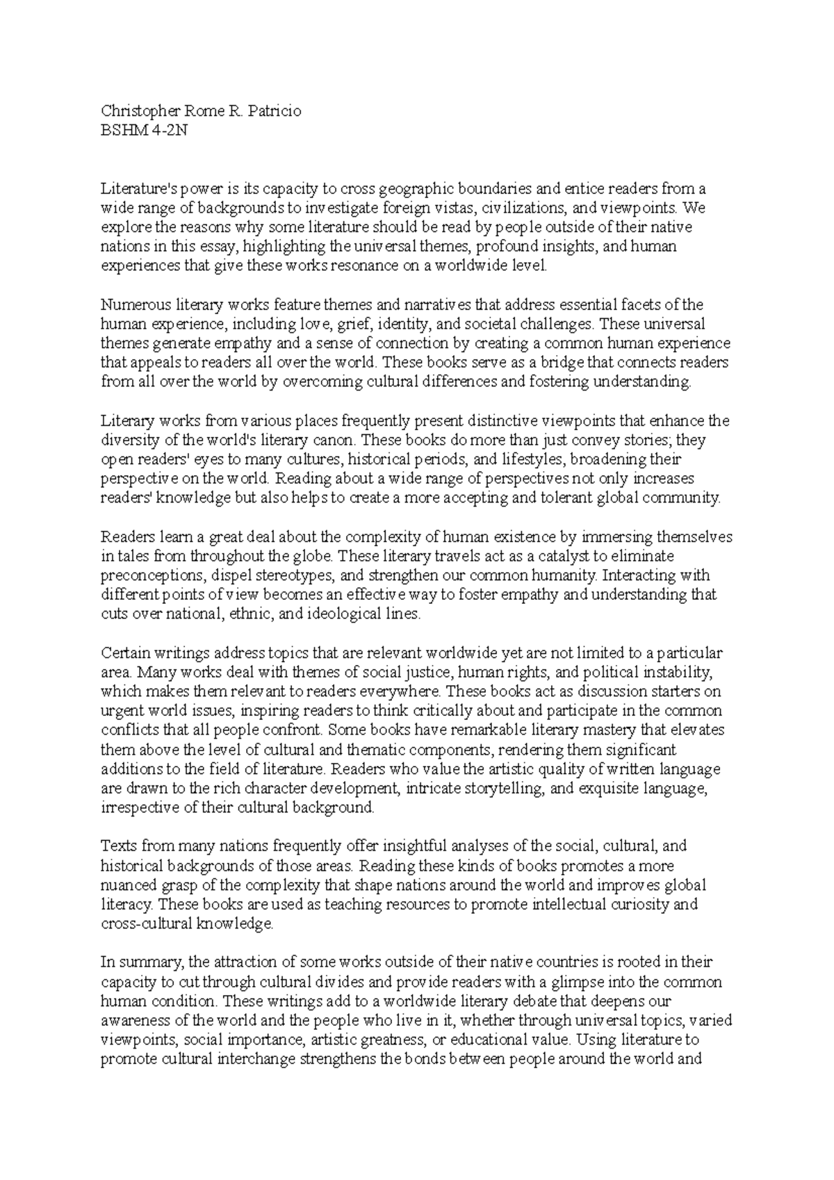 Patricio, Christopher Rome R., BSHM4-2N World Lit - Christopher Rome R ...