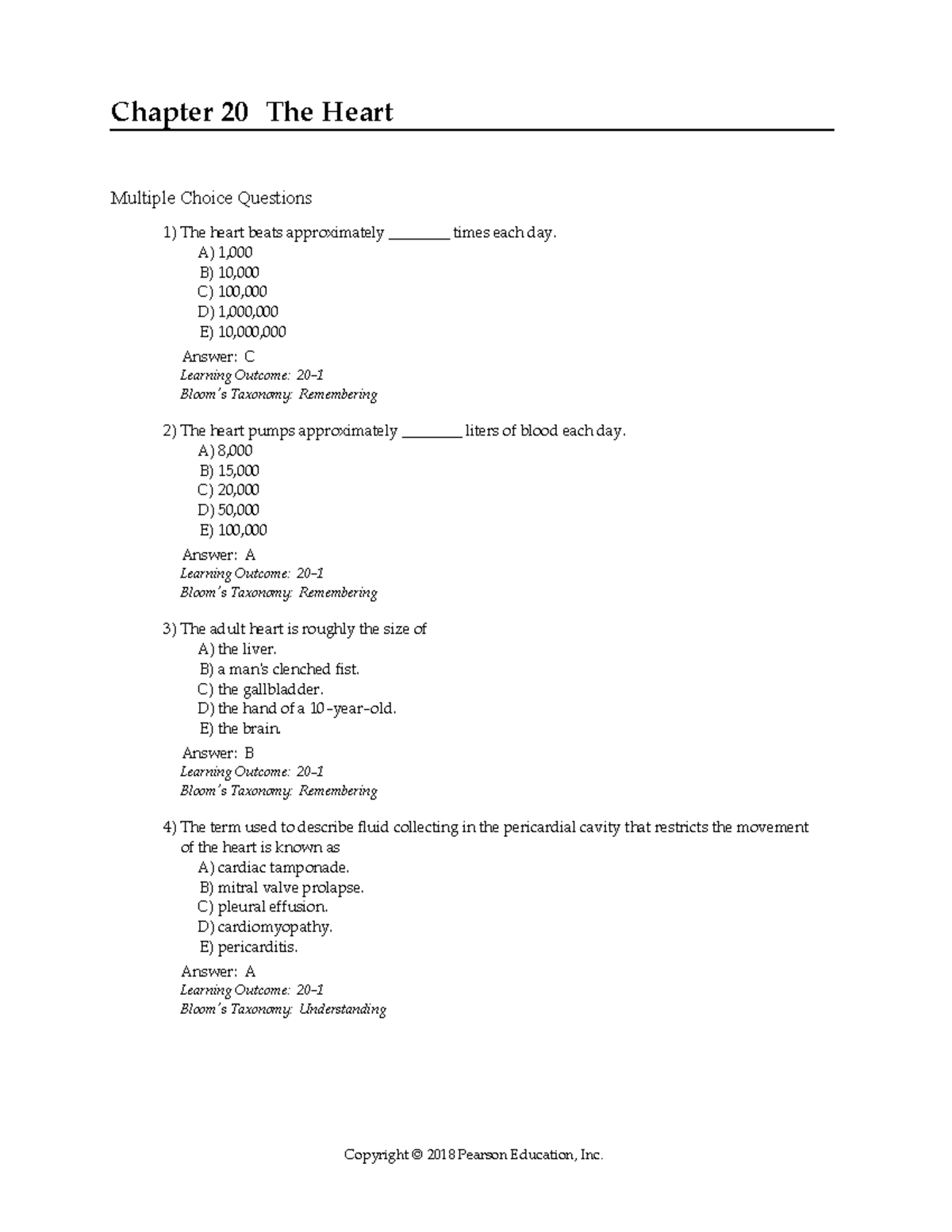 Chapter 20 Heart questions - Chapter 20 The Heart Multiple Choice ...
