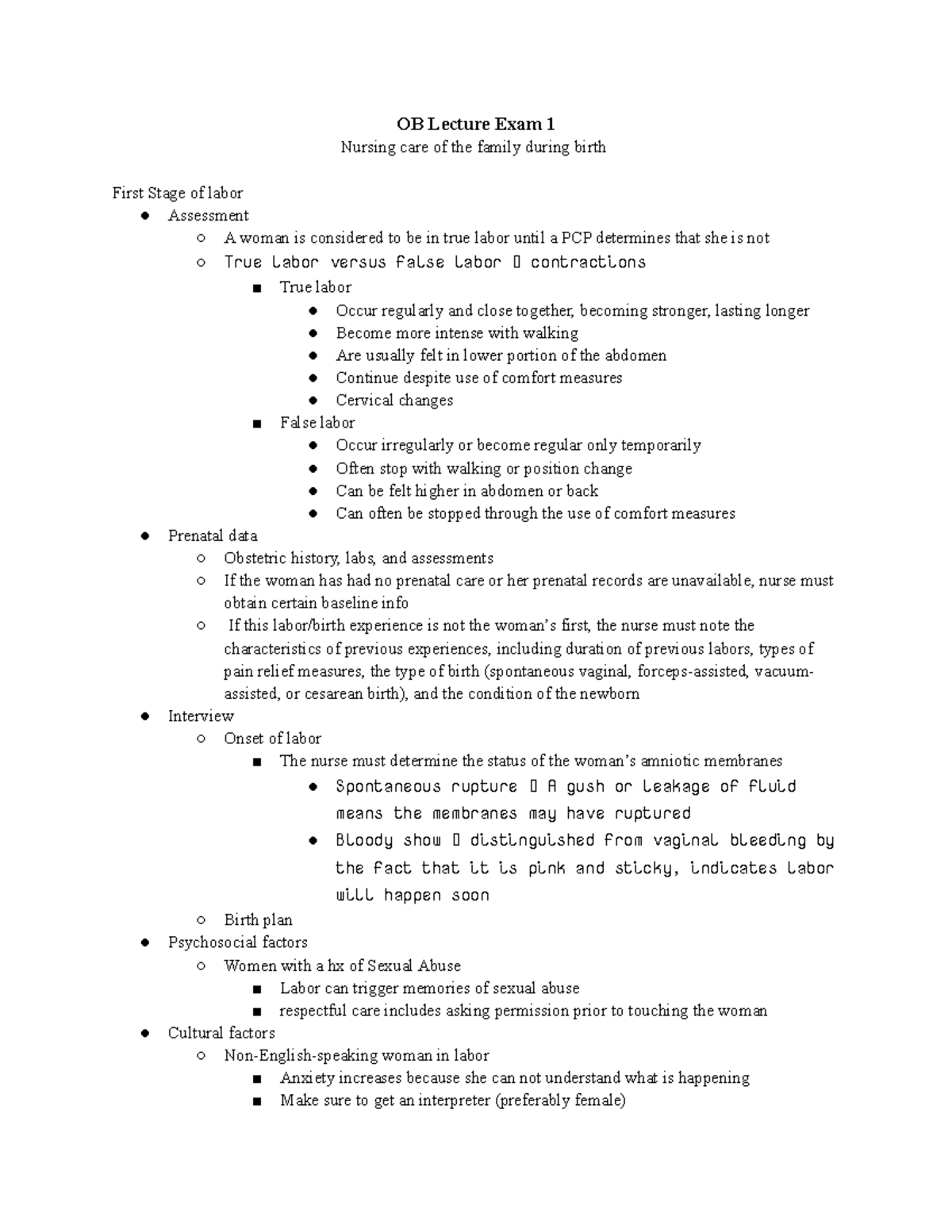 OB Lecture Exam 1 - Nursing care of the family during birth - OB ...