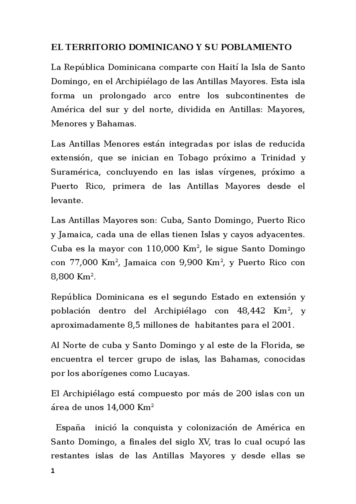 Historia primer material - EL TERRITORIO DOMINICANO Y SU POBLAMIENTO La ...
