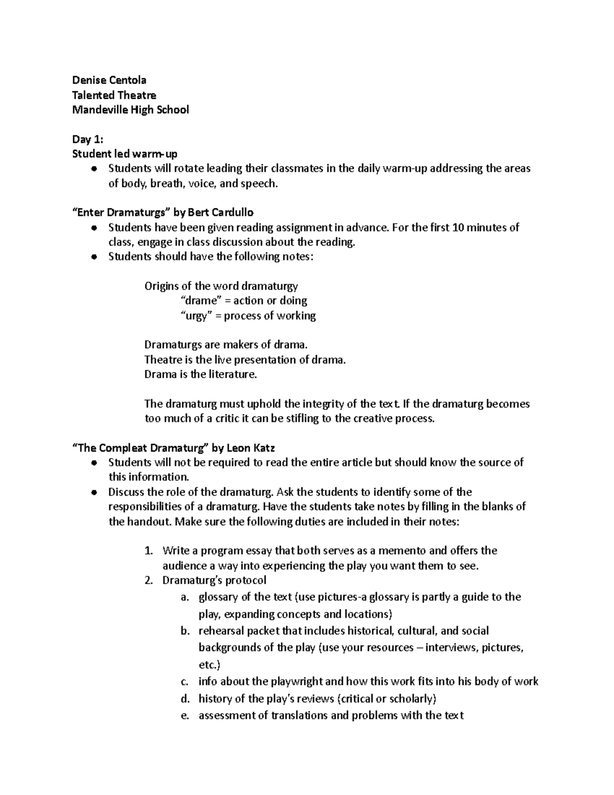 Lesson plan - Dramaturgy pdf - Denise Centola Talented Theatre ...