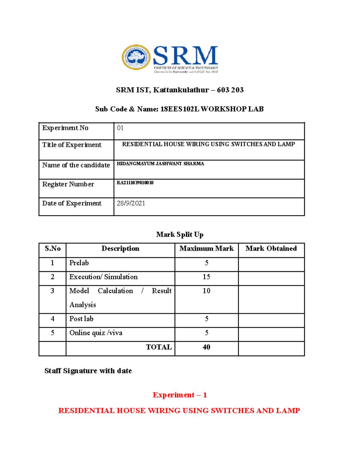 Updated Exp1 workshop - SRM IST, Kattankulathur – 603 203 Sub Code & Name: 18EES102L WORKSHOP ...