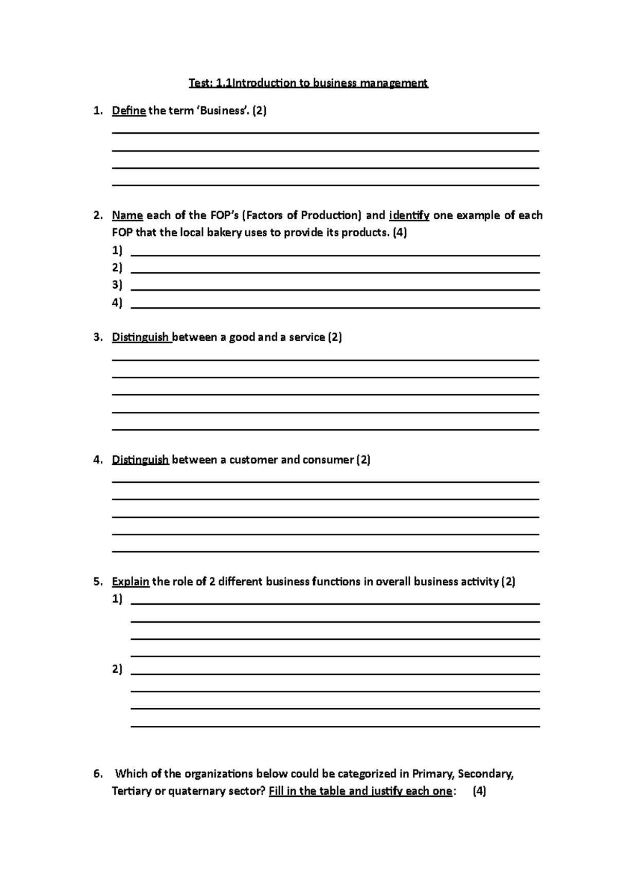 Test 1.1 Intro to bus mgmt - Test: 1 to business management Define the ...