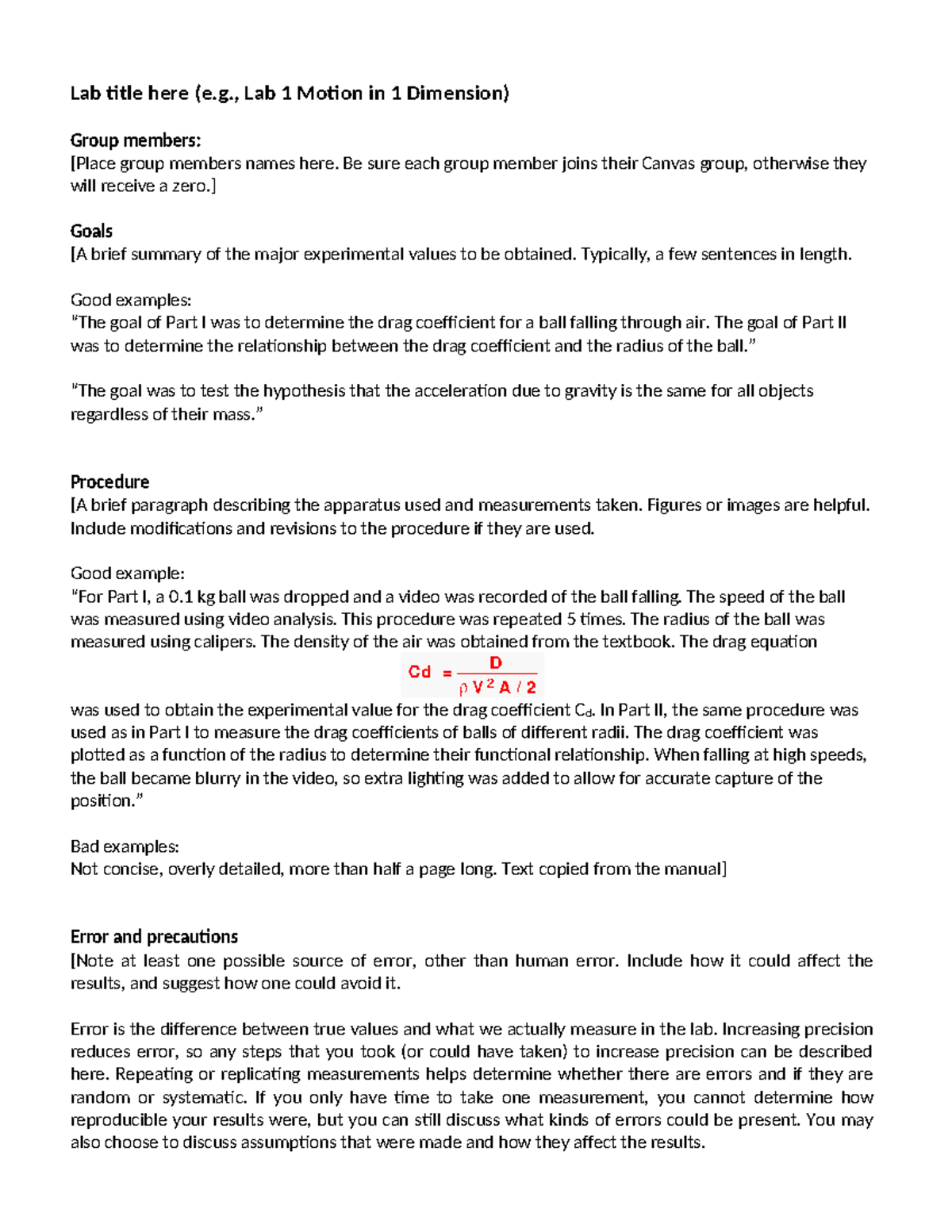 PHYS Lab Report Template - Lab title here (e., Lab 1 Motion in 1 ...