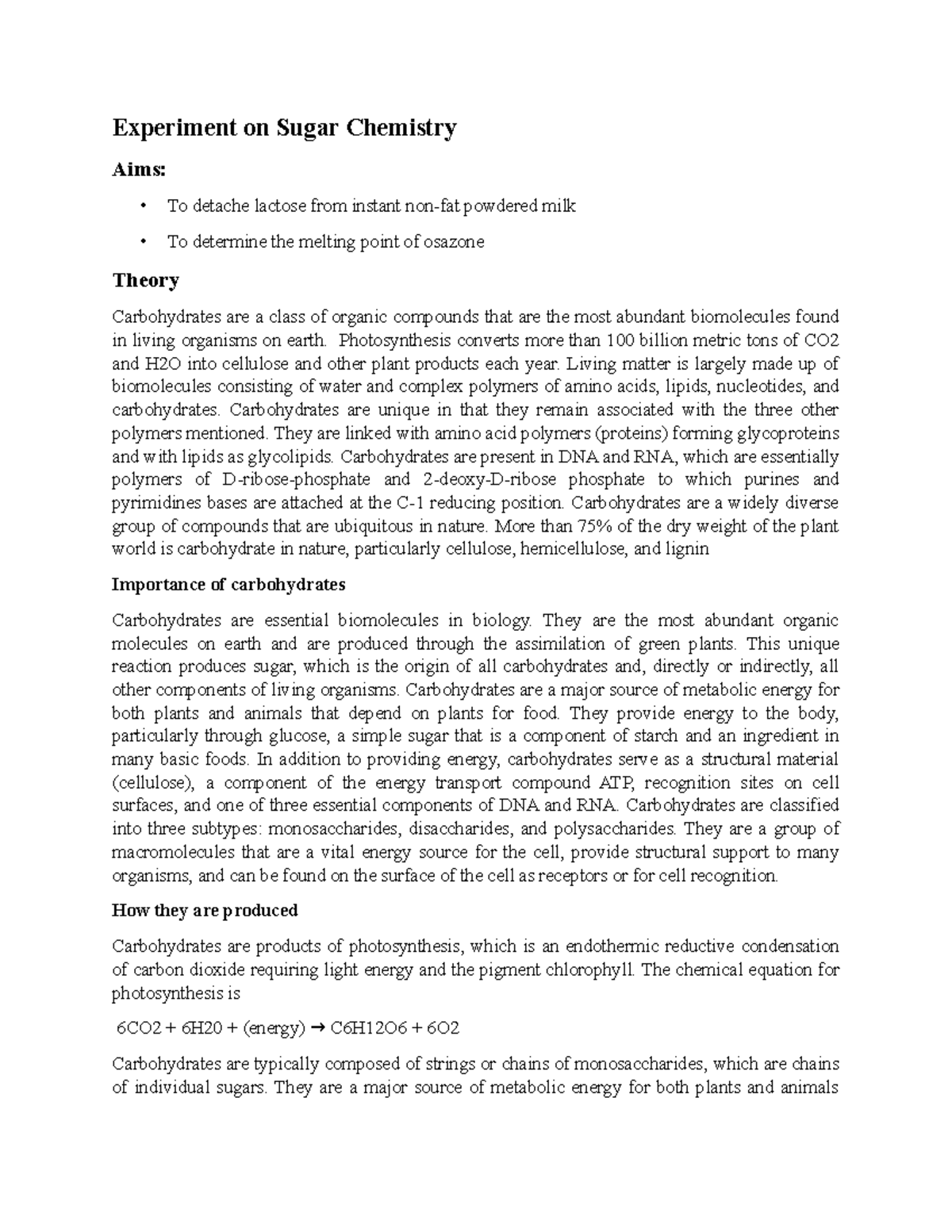 Experiment ON Sugar Chemistry - Experiment on Sugar Chemistry Aims ...
