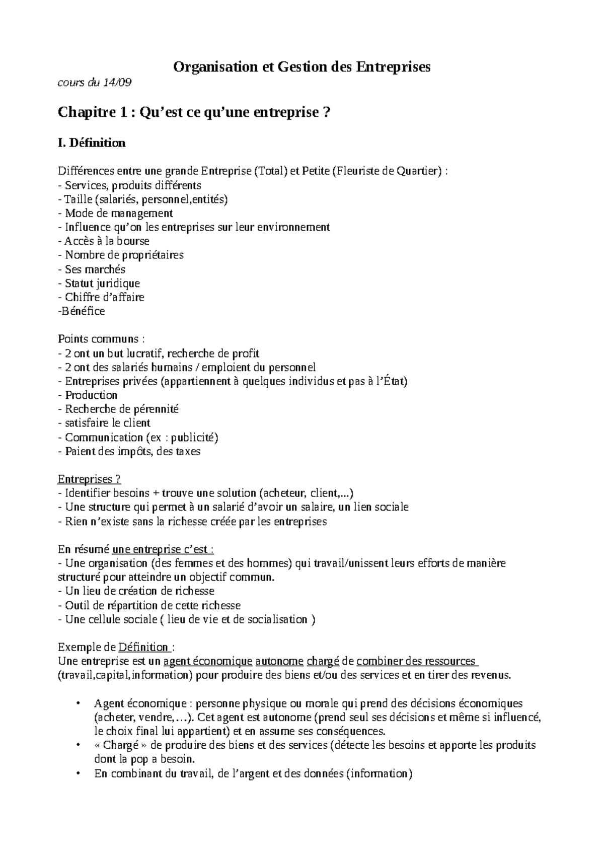 Chapitre 1 - definition entreprise / les bases - Organisation et ...