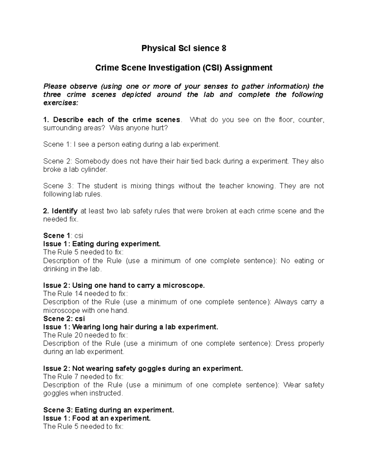 CSI Worksheet - hbhi - Physical ScI sience 8 Crime Scene Investigation ...