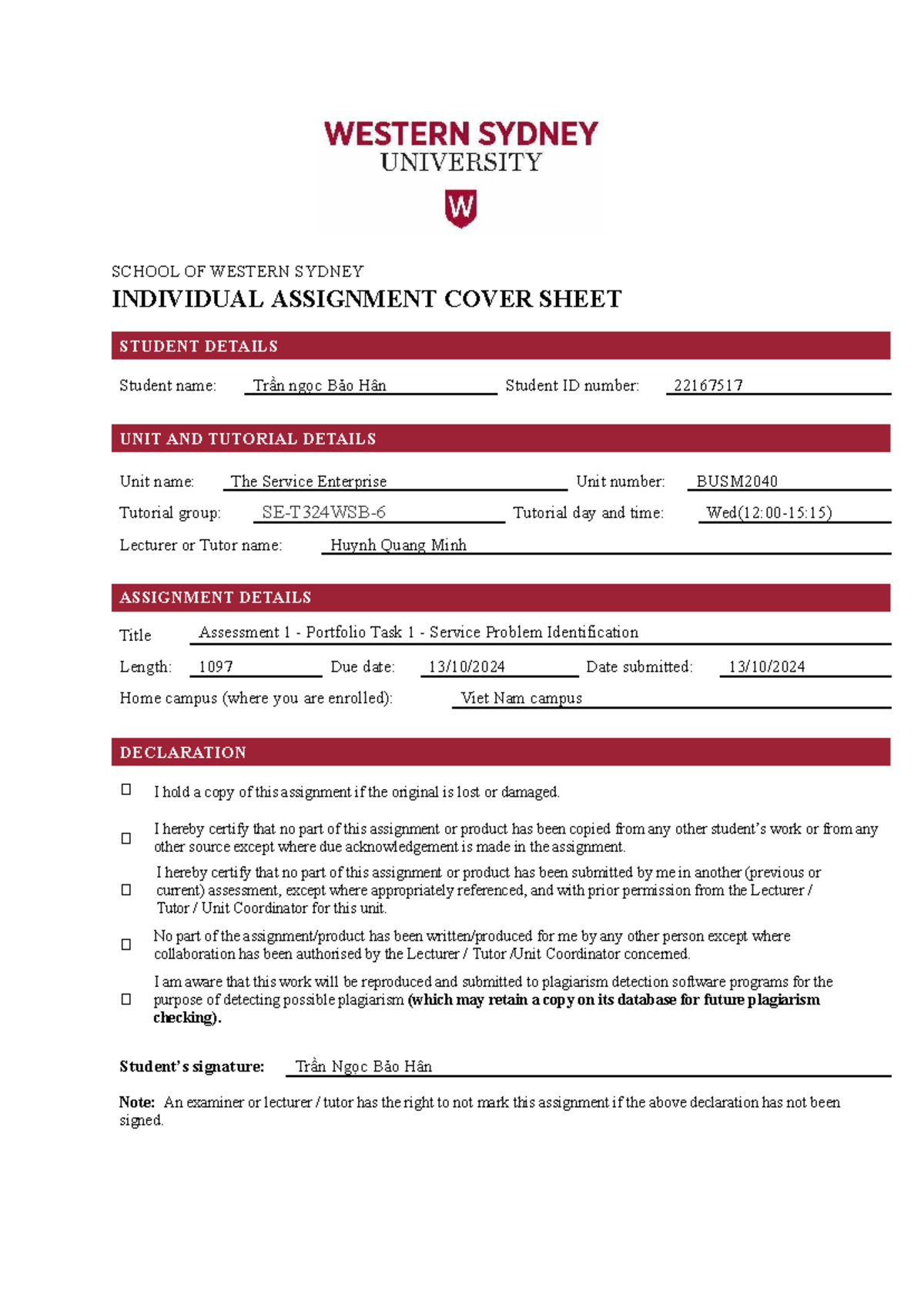 Copy of Cover sheet - SCHOOL OF WESTERN SYDNEY INDIVIDUAL ASSIGNMENT ...