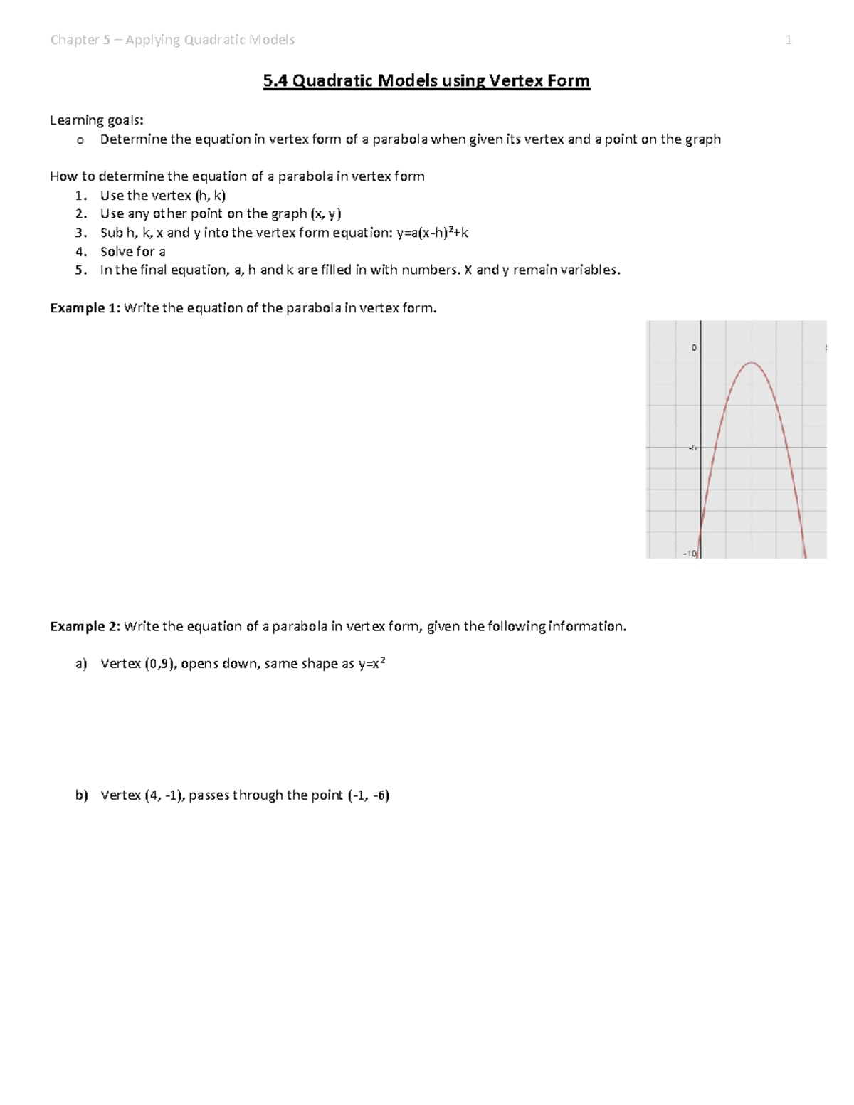 Day 7 - Quadratic Models using Vertex Form - Chapter 5 – Applying ...
