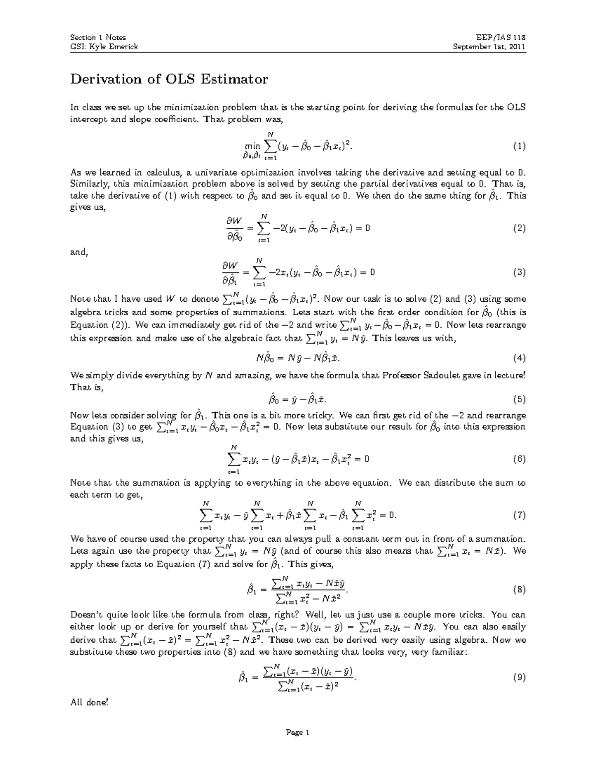Derive ols - OLS - Section 1 Notes GSI: Kyle Emerick EEP/IAS 118 ...