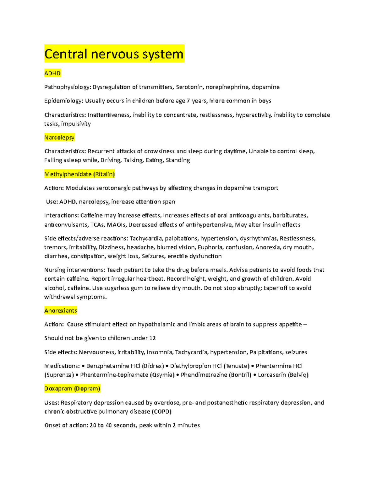 Test guide 2 for Pharm - Central nervous system ADHD Pathophysiology ...