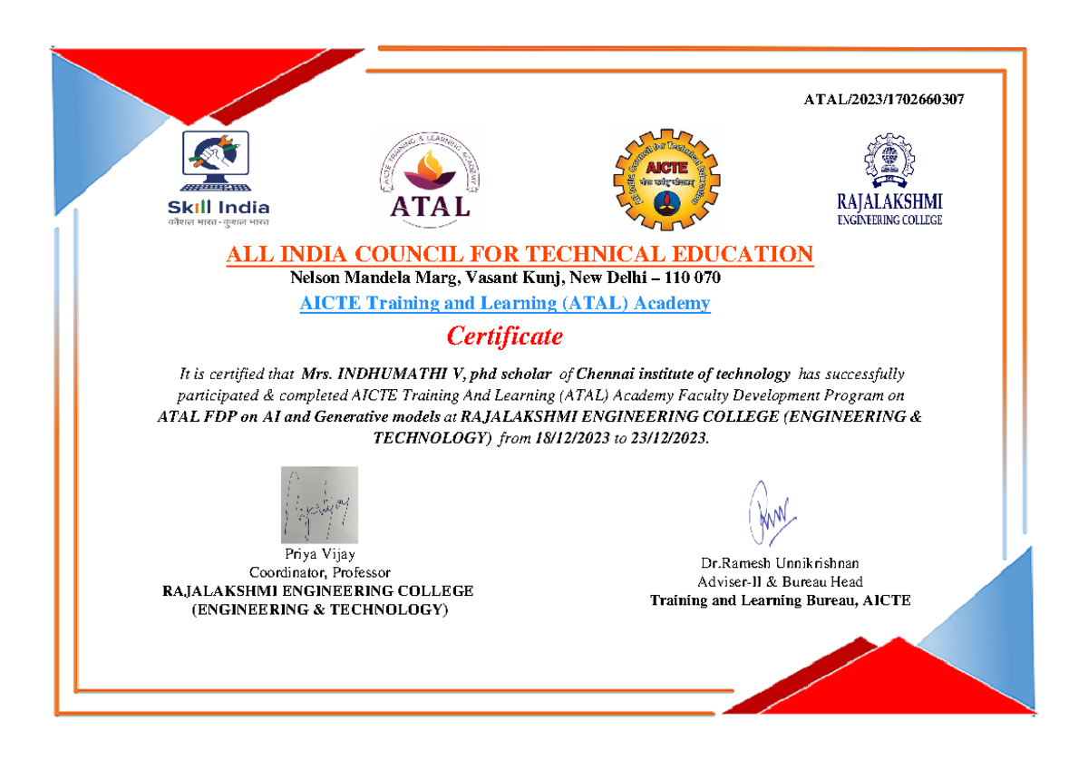 Certificate - ATAL/2023/ ALL INDIA COUNCIL FOR TECHNICAL EDUCATION Nelson Mandela Marg, Vasant ...