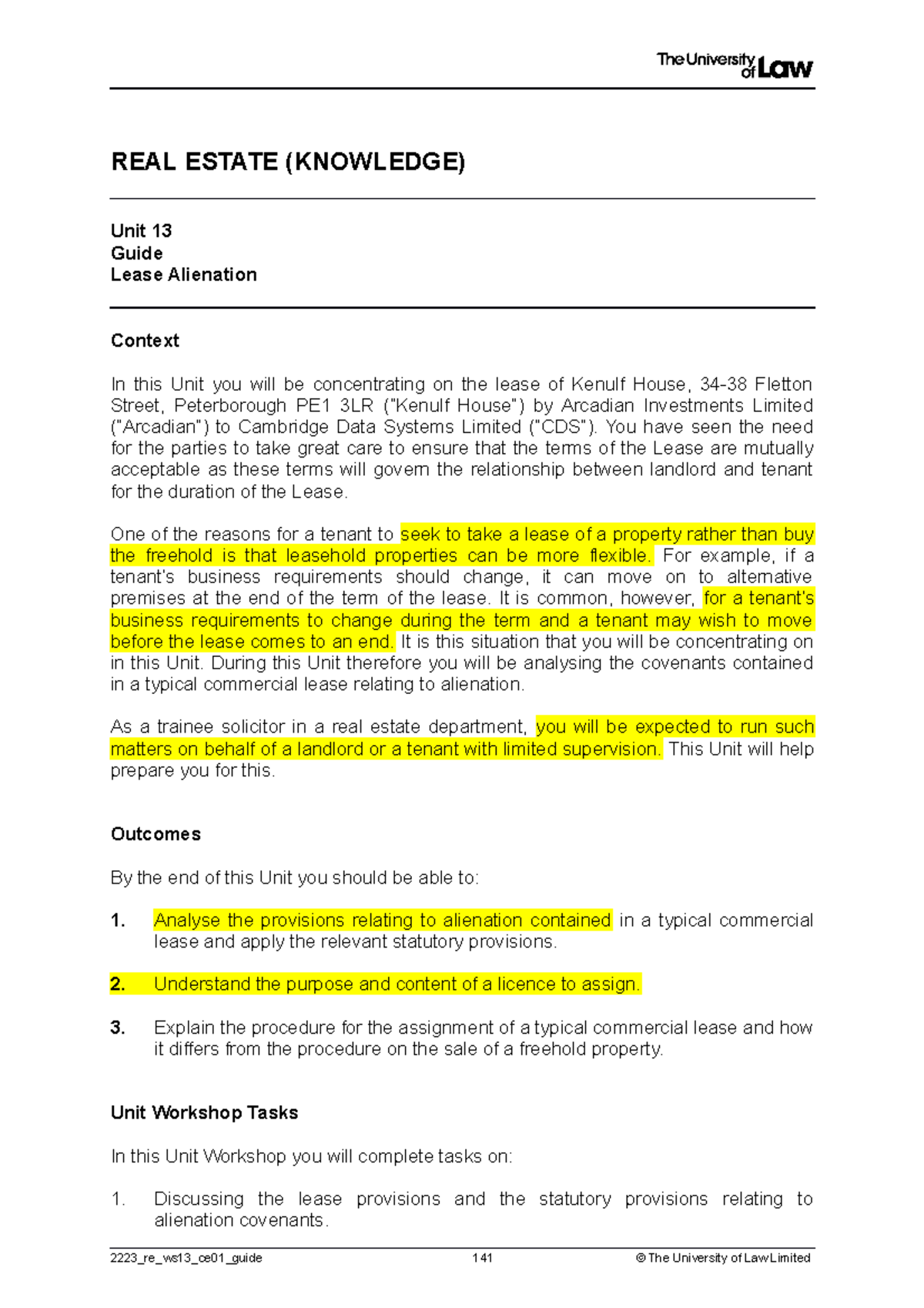 2223 re ws13 ce01 guide - REAL ESTATE (KNOWLEDGE) Unit 13 Guide Lease ...