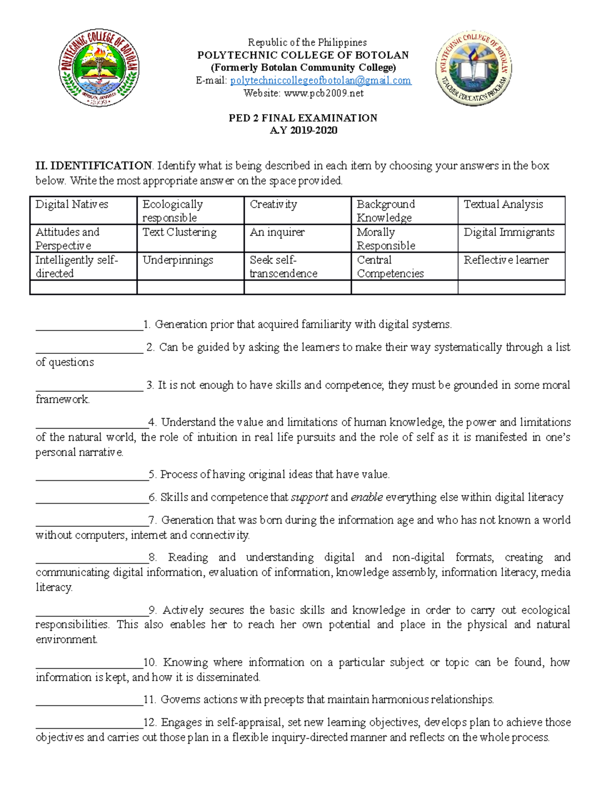 Building and Enhancing New Literacies Final Examination - Republic of ...