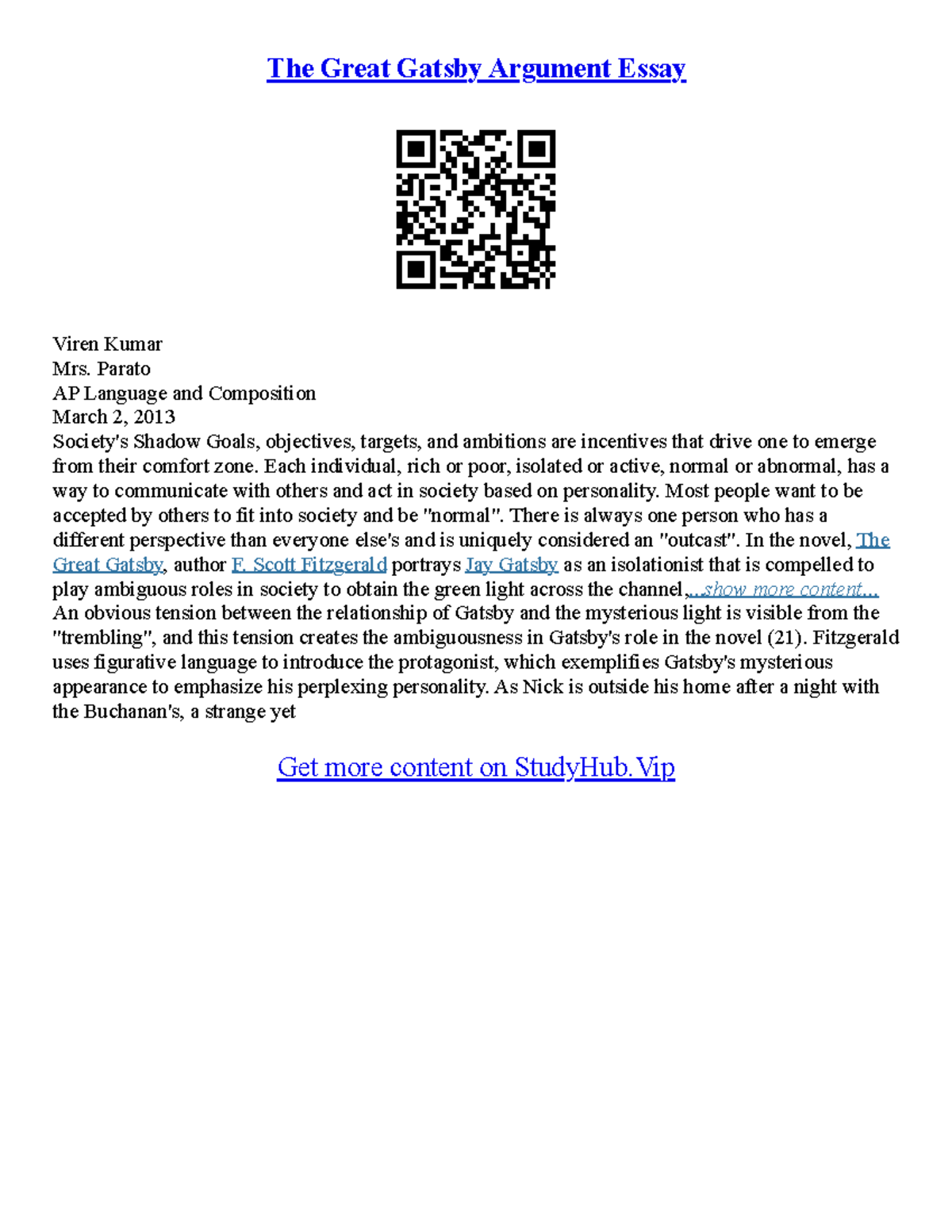 Great Argument Essays - The Great Gatsby Argument Essay Viren Kumar Mrs ...