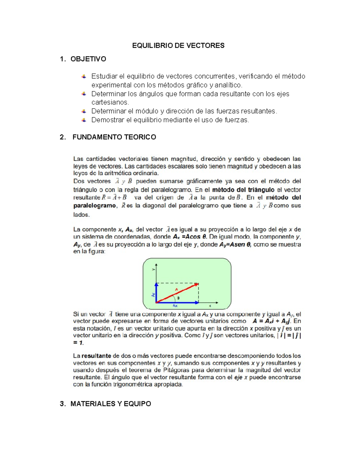 Equilibrio de vectores - EQUILIBRIO DE VECTORES 1. OBJETIVO Estudiar el ...