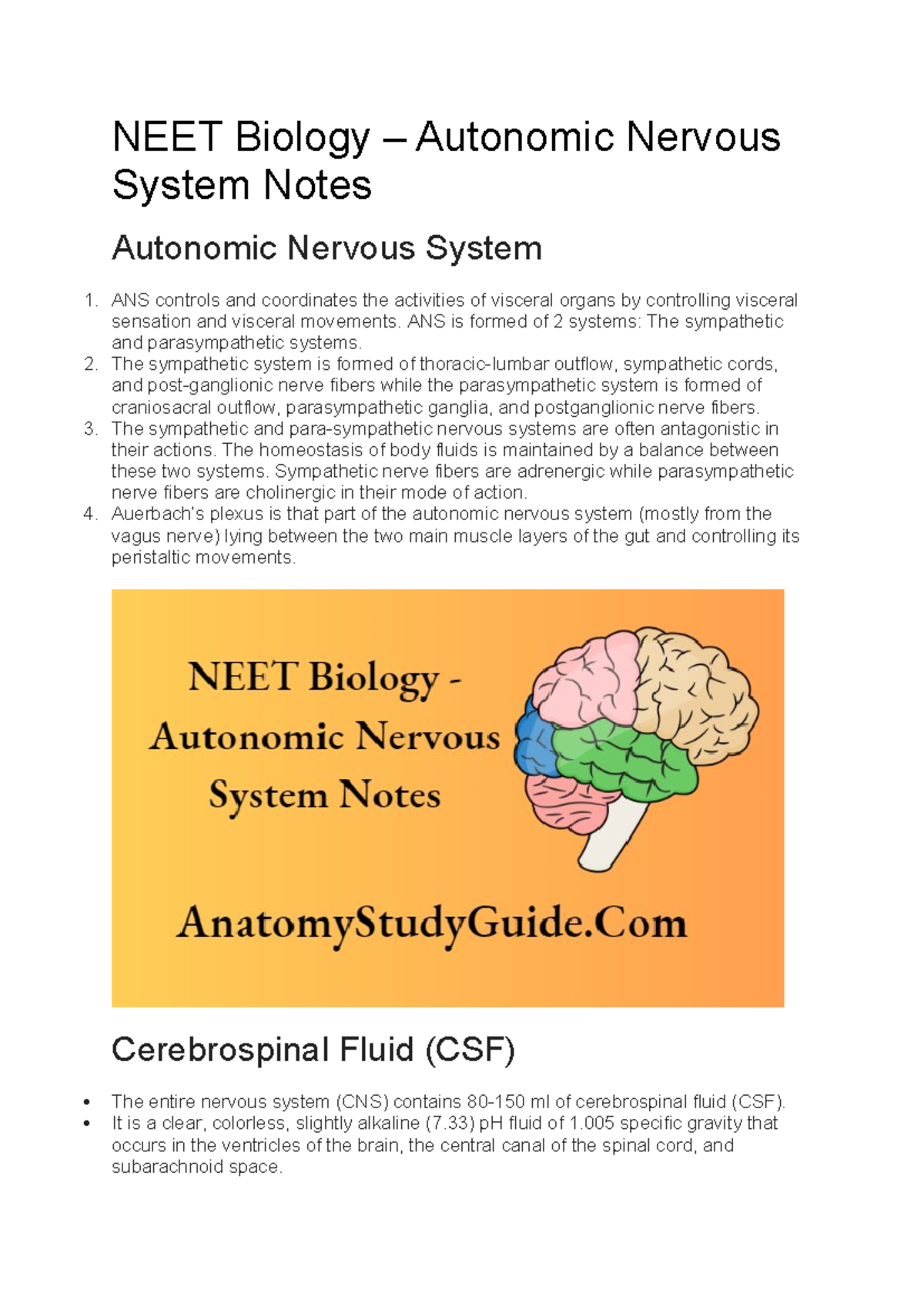 NEET Biology – Autonomic Nervous System Notes NEET Biology – Autonomic ...