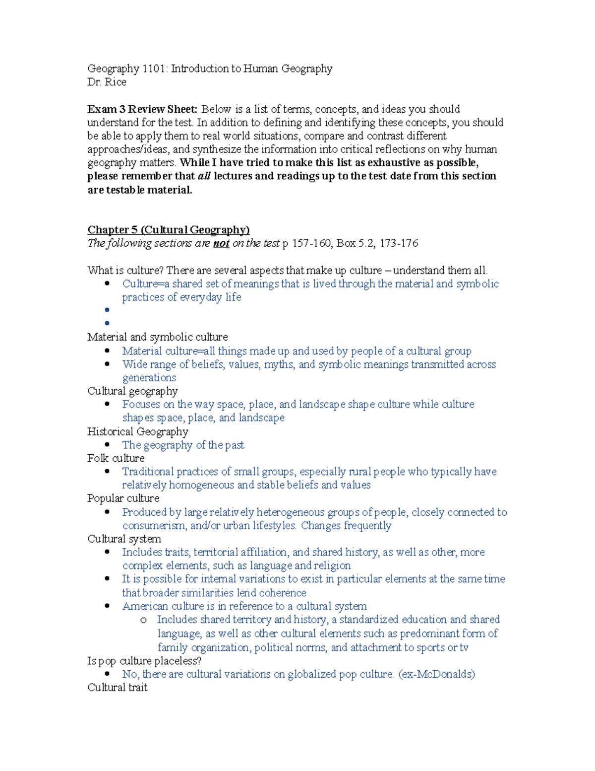 Exam3 Study Guide - Geography 1101: Introduction to Human Geography Dr ...