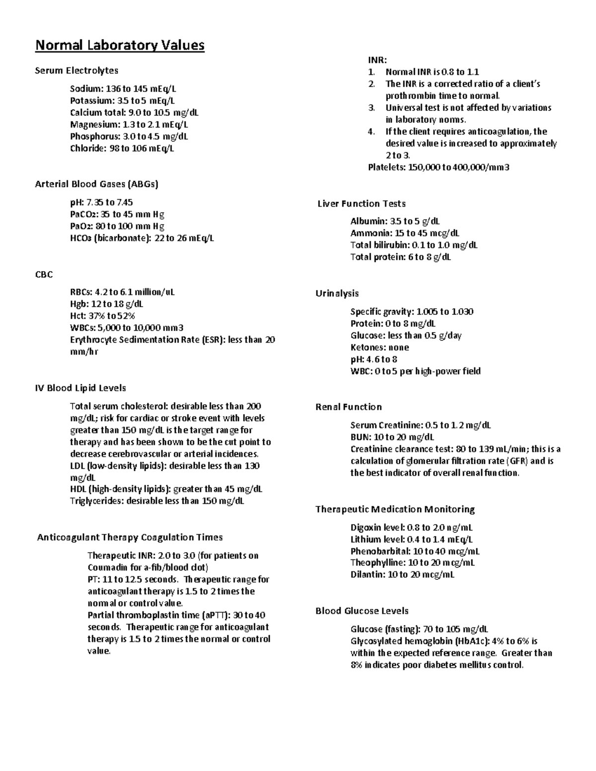 Laboratory Values-1 - Lab values - Normal Laboratory Values Serum ...