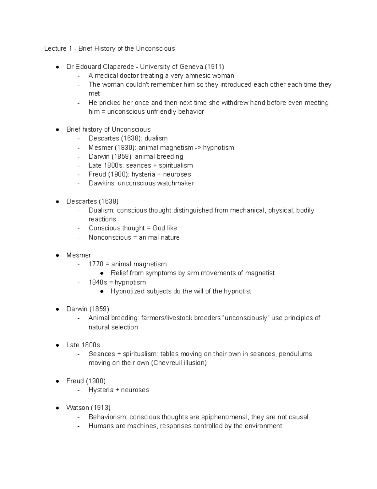 PSYC 315 - Lecture 1 - Lecture 1 - Brief History of the Unconscious Dr Edouard Claparede - - Studocu