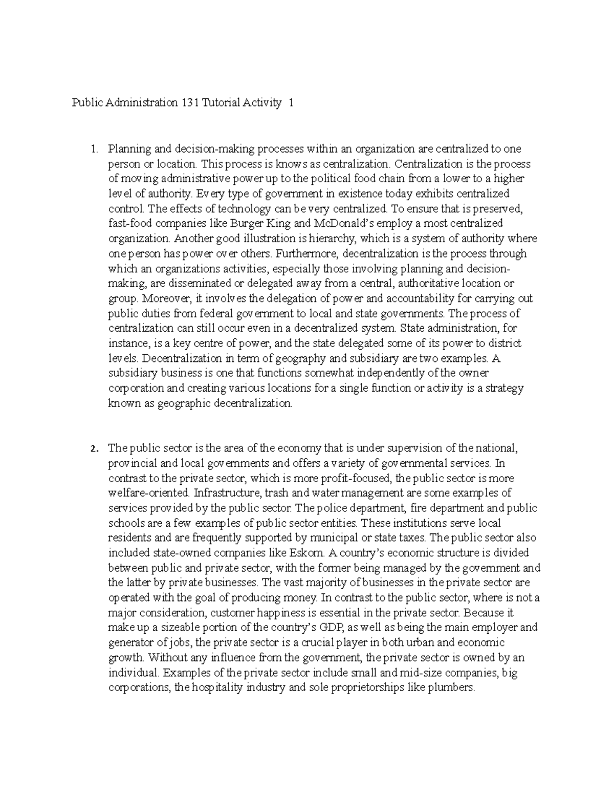 Document - Tutorial Assigment One - Public Administration 131 Tutorial ...