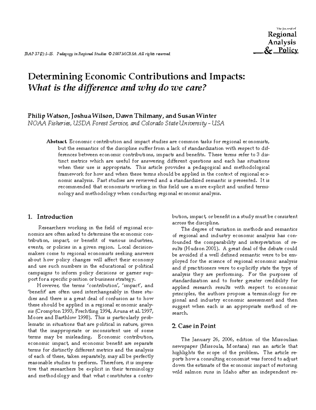 Watson, et al Impacts vs Contribution 37-2-6 - Determining Economic ...