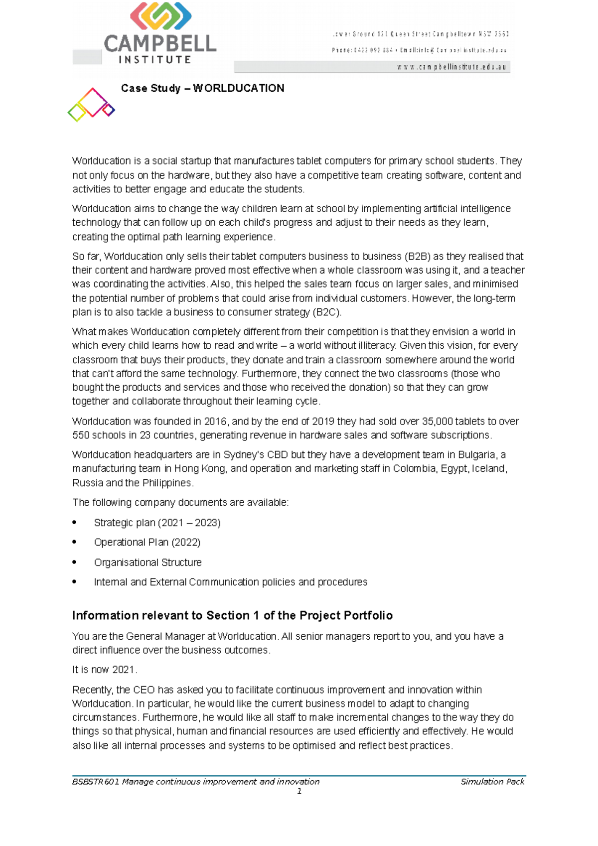 Bsbstr 601 Simulation Pack - Case Study – WORLDUCATION Worlducation is ...