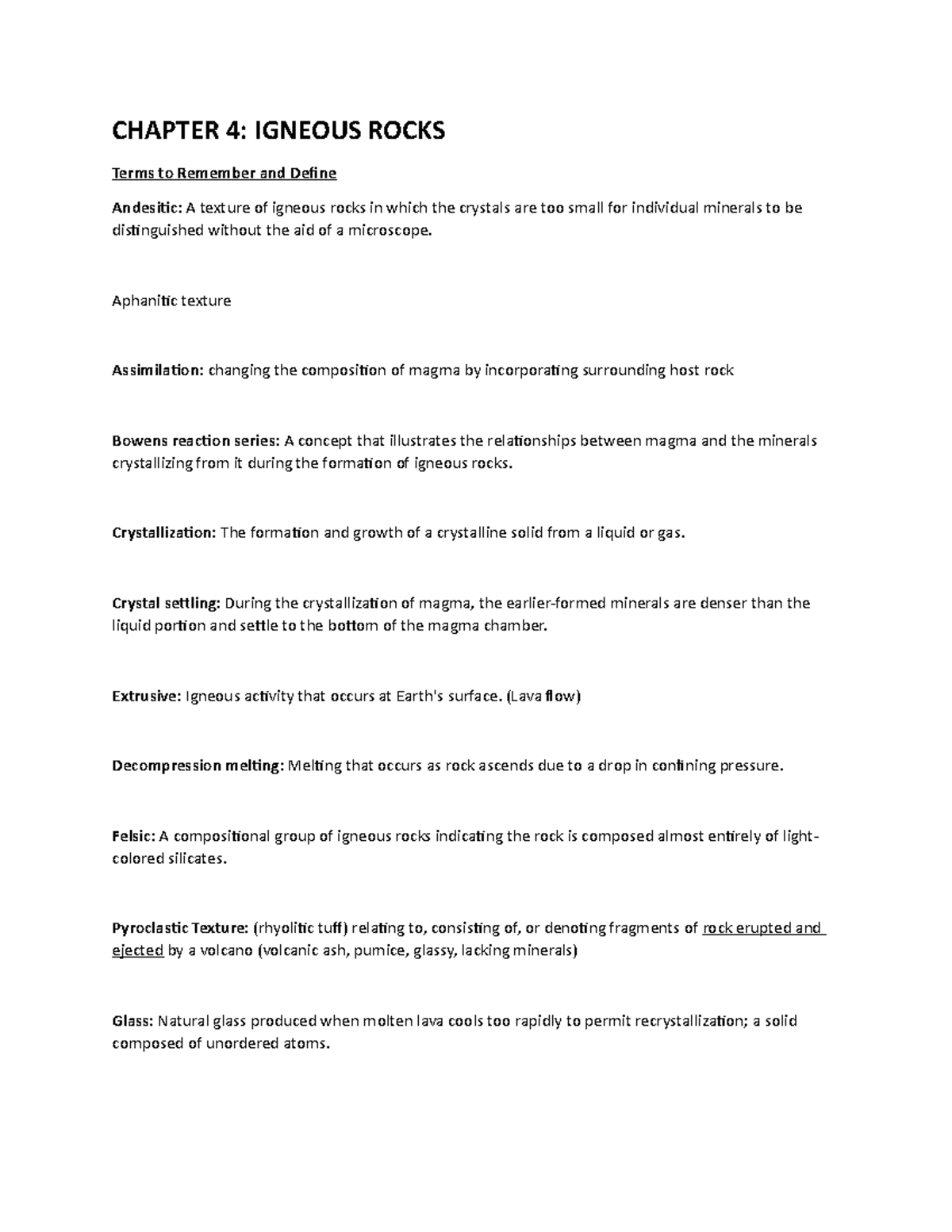 Chapter 4 Study Guide - CHAPTER 4: IGNEOUS ROCKS Terms to Remember and Define ...