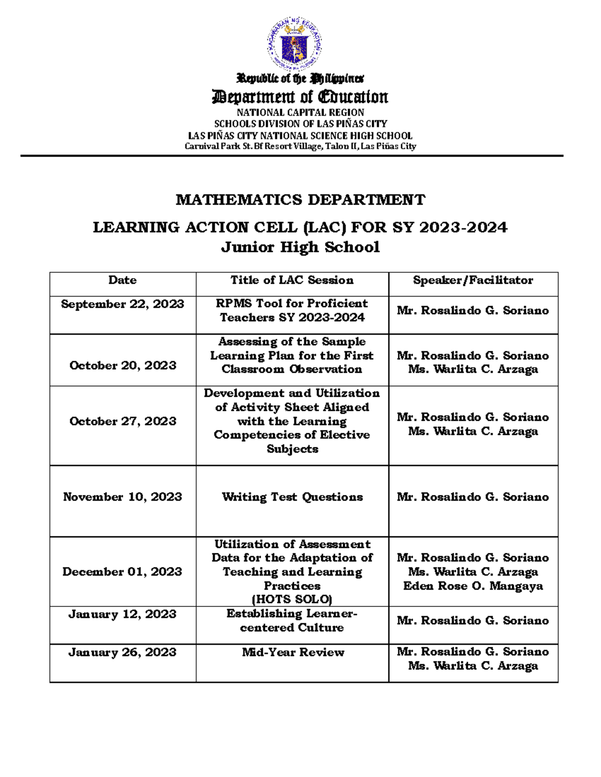 Math-LAC-Plan 2023 - Provides a guide on respective LAC Session in ...