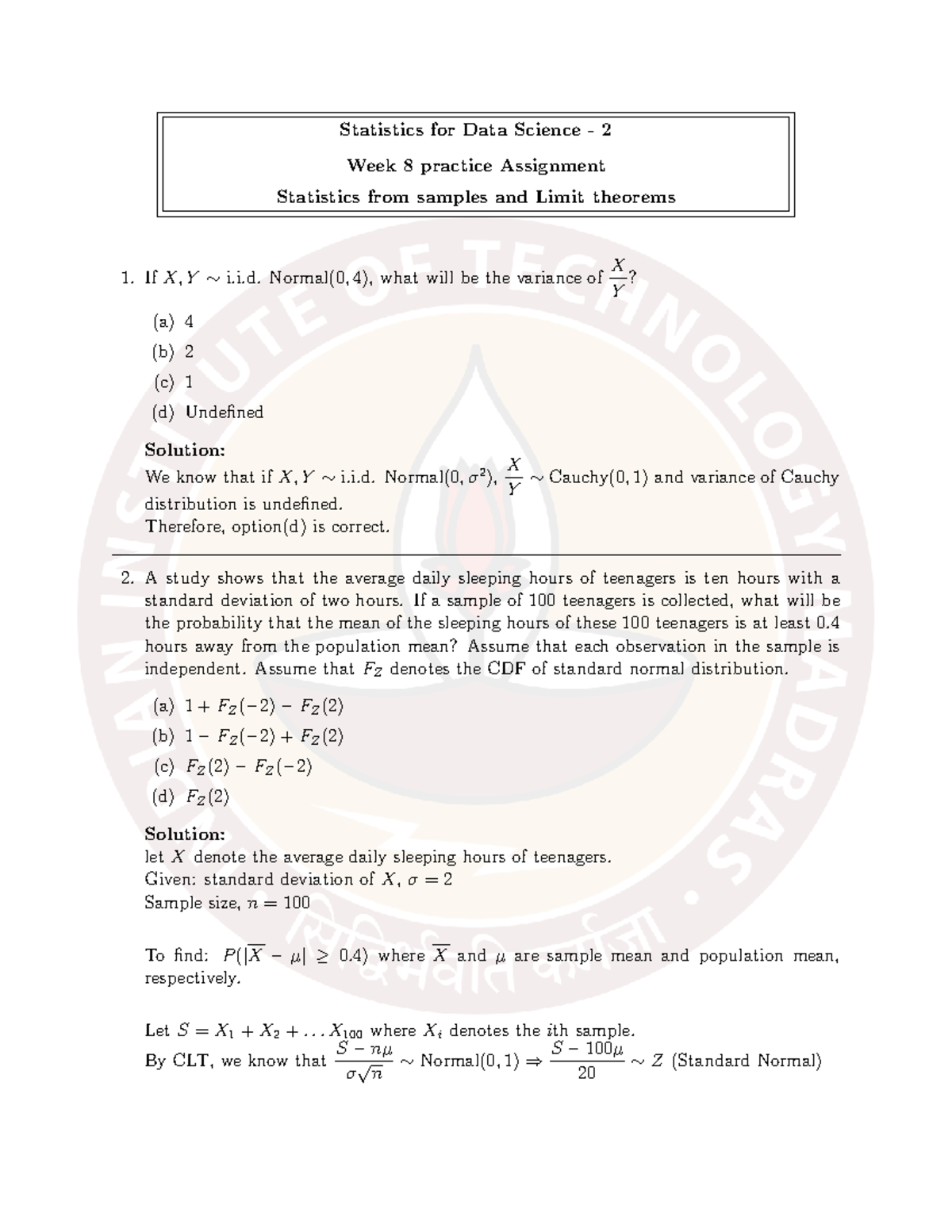 W8PS - good material - Statistics for Data Science - 2 Week 8 practice Assignment Statistics ...