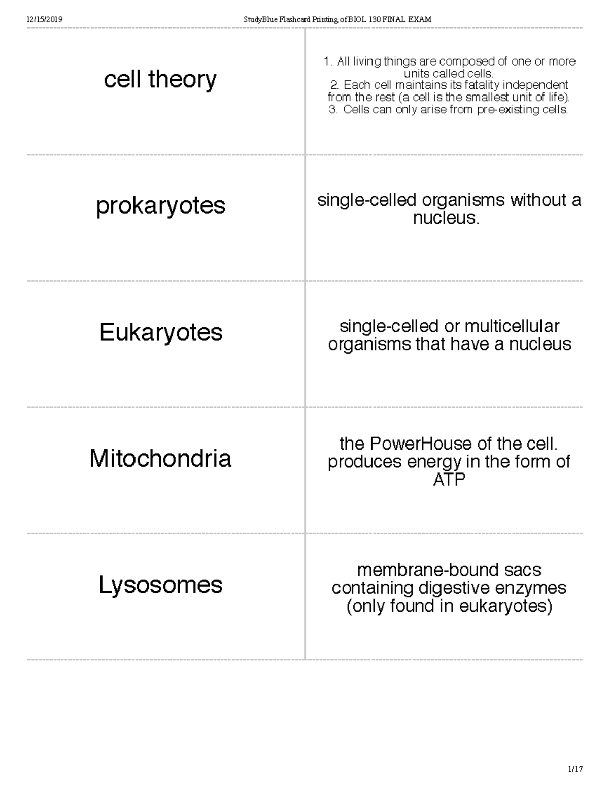 Study Blue Flashcard Printing of BIOL 130 Final EXAM - cell theory All ...