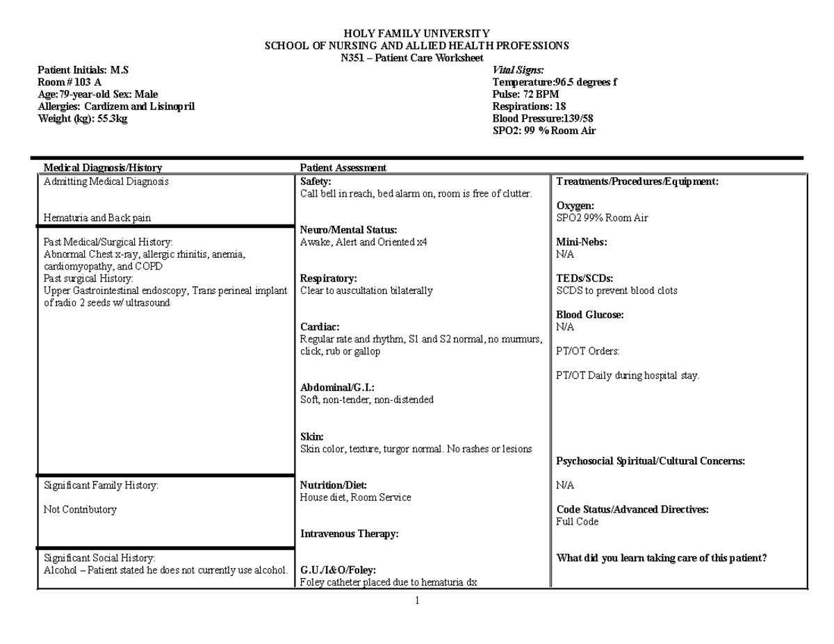 M.S Patient Worksheet - Notes - HOLY FAMILY UNIVERSITY SCHOOL OF ...