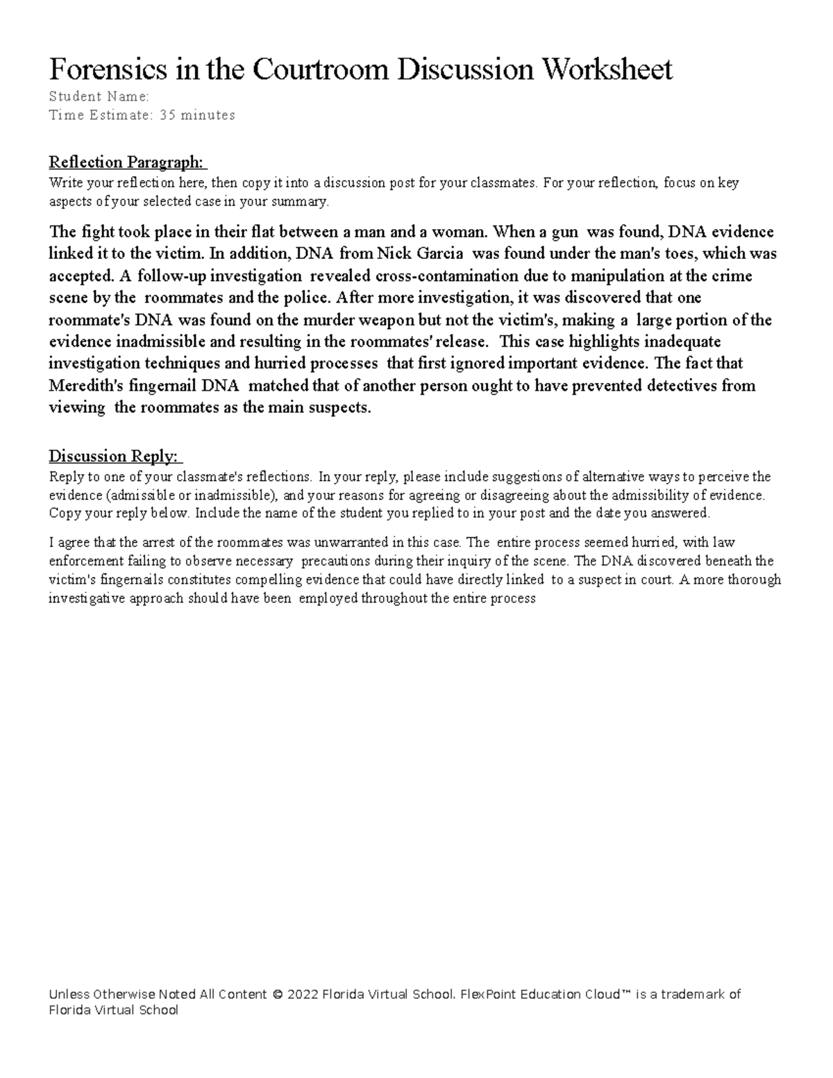 Forensics in the courtroom discussion worksheet - Forensics in the ...