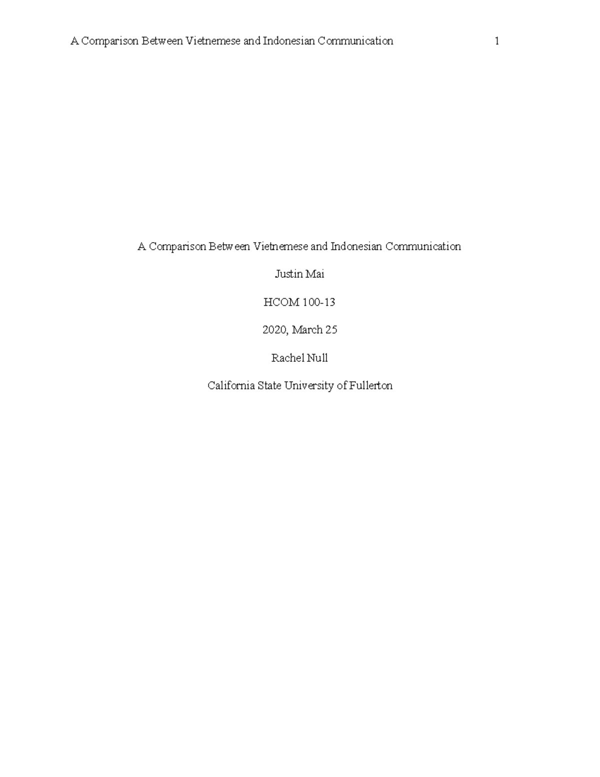 Hcom 100 Application Paper A Comparison Between Vietnemese And Indonesian Communication Justin