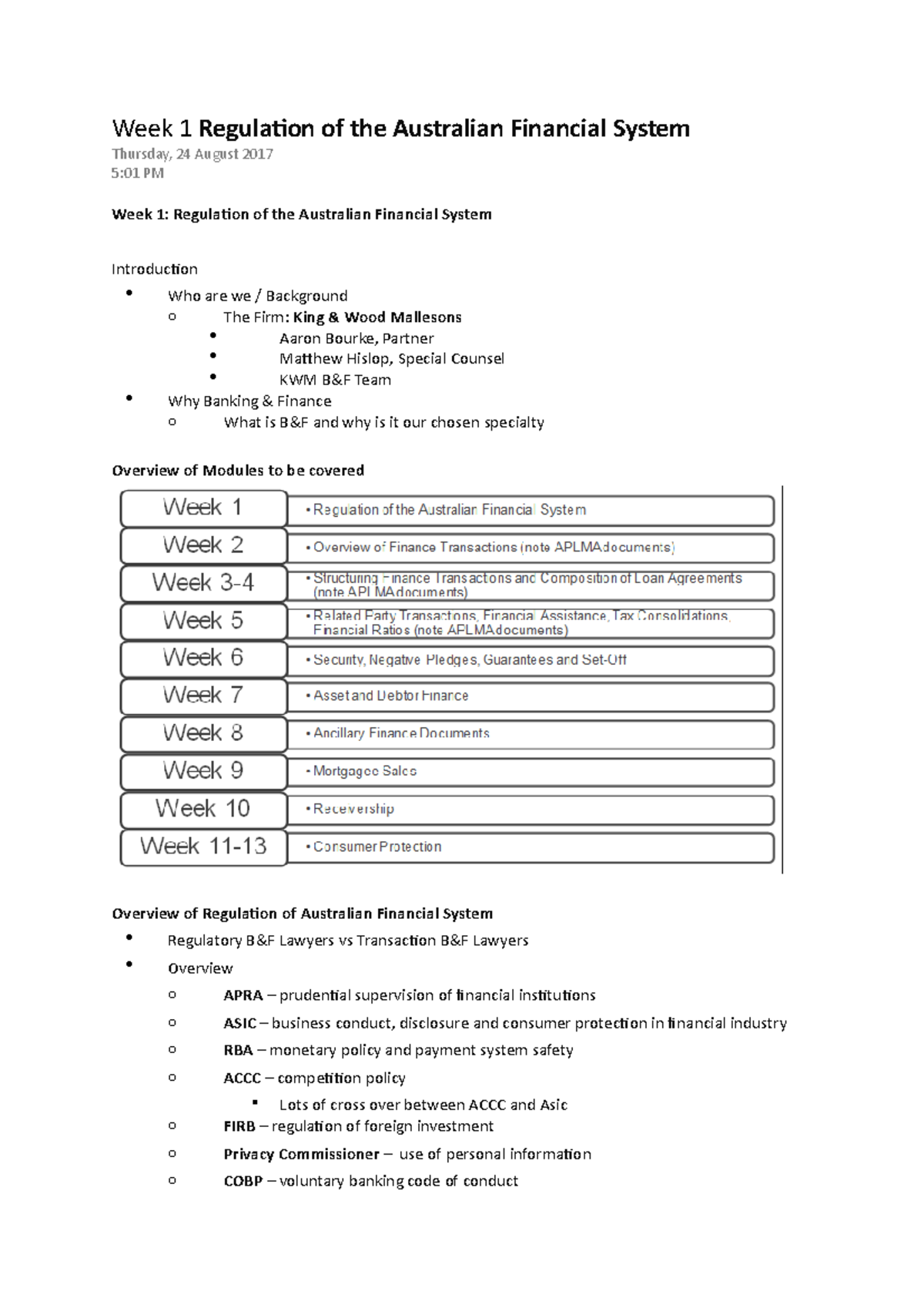 Week 1 Regulation of the Australian Financial System - In general terms ...