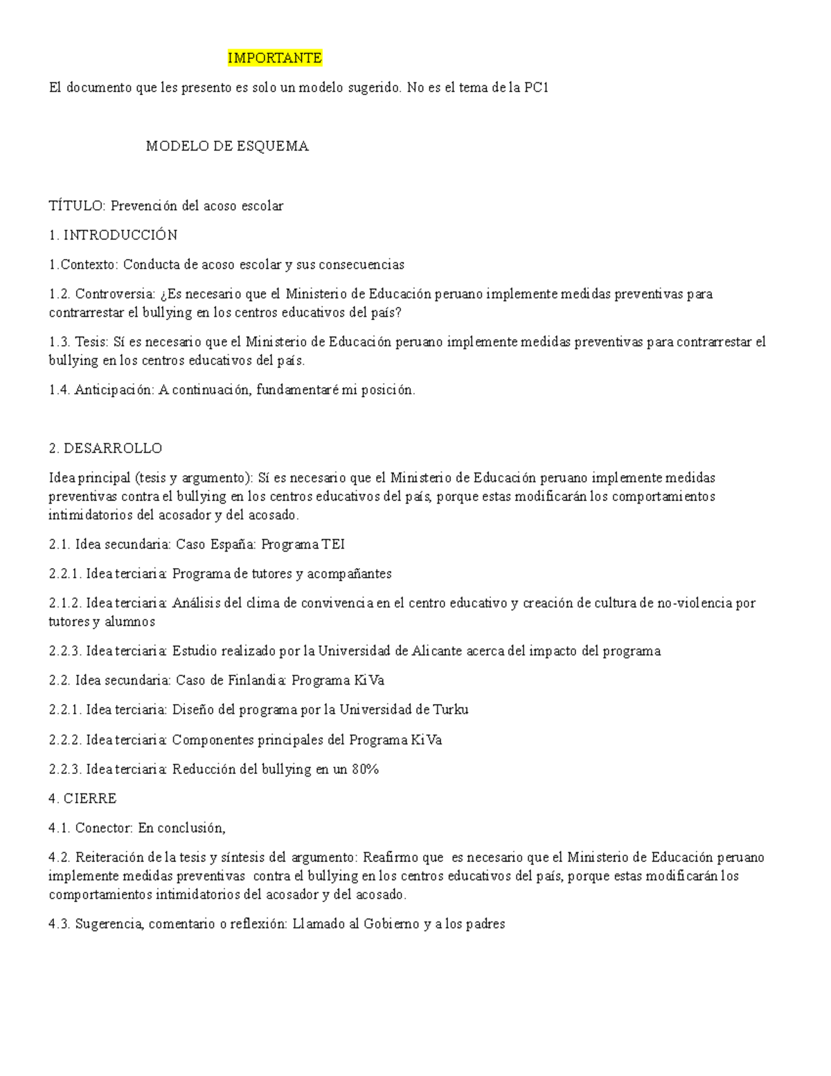 Modelo de texto y esquema para la PC1 - IMPORTANTE El documento que les presento es solo un ...