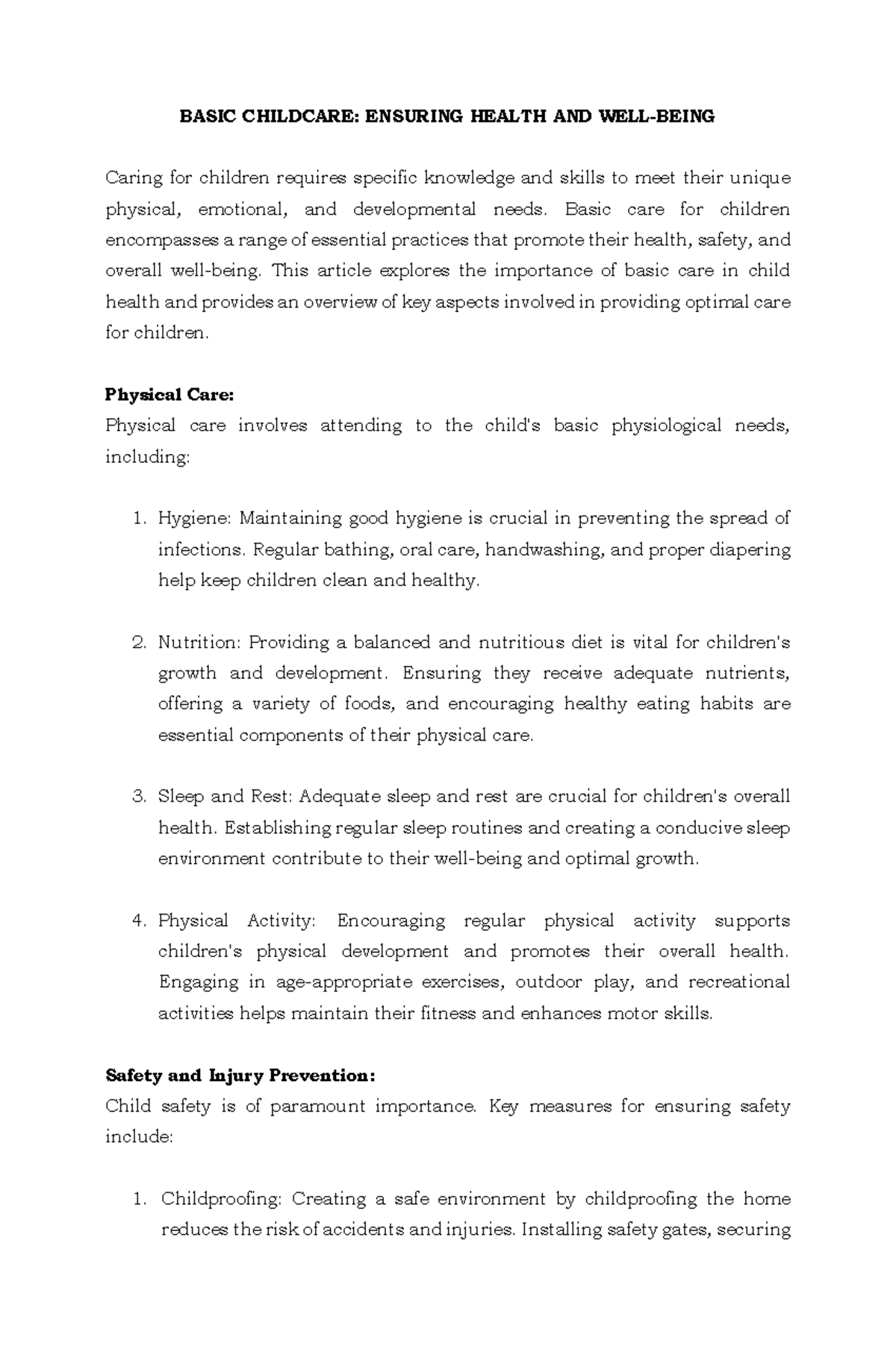 Basic Childcare - Ensuring Health AND WELL- Being - BASIC CHILDCARE ...