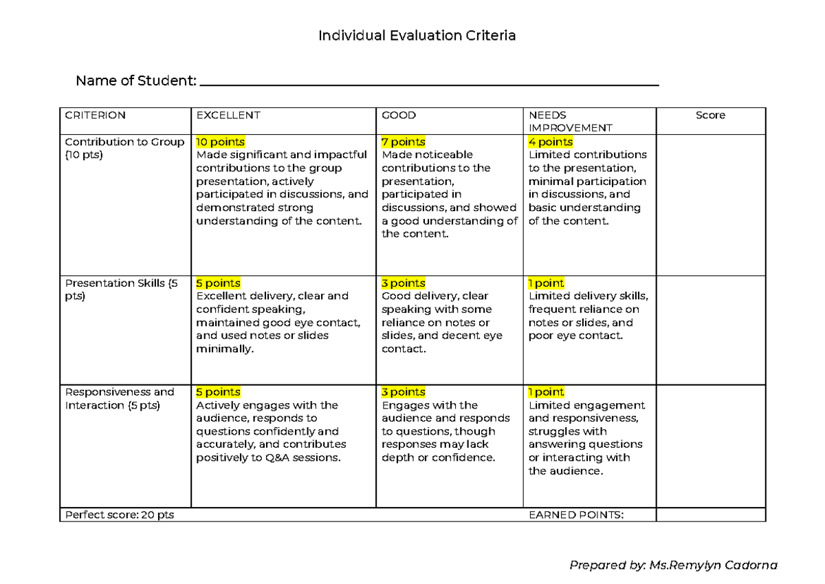 Individual Evaluation Criteria Reporting - CRITERION EXCELLENT GOOD ...