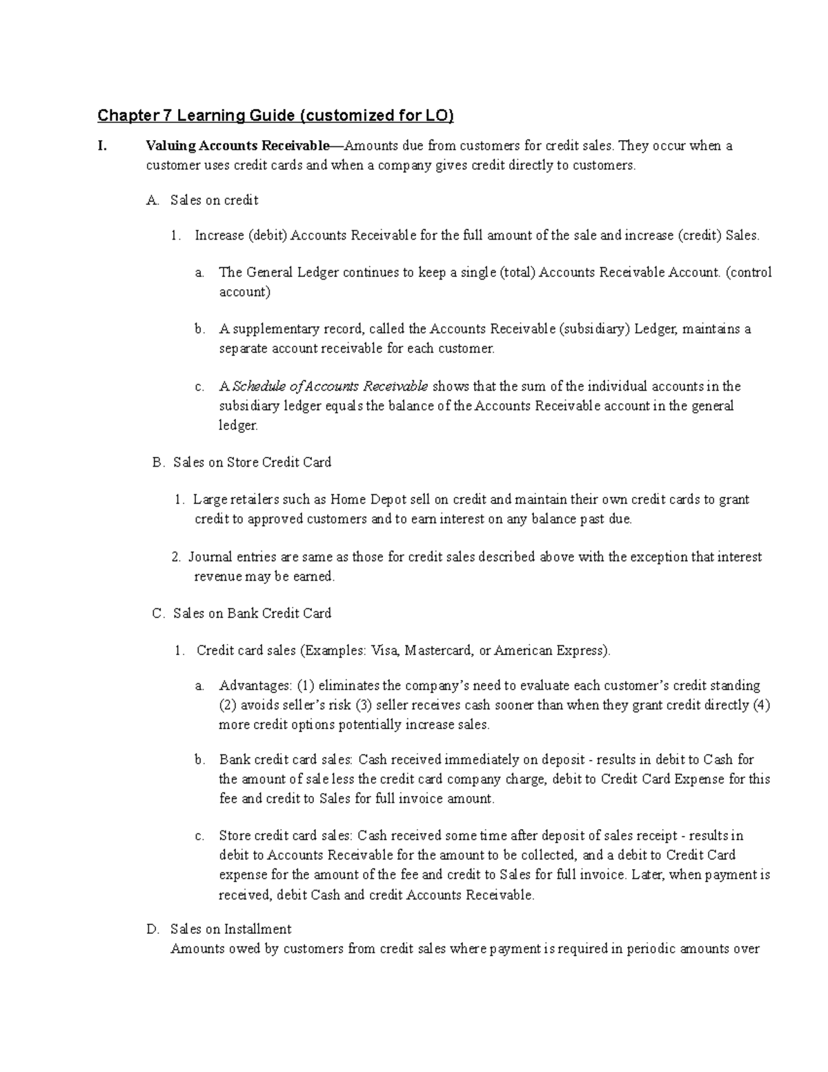 Chapter 7 Learning Guide - Chapter 7 Learning Guide (customized for LO) I. Valuing Accounts ...